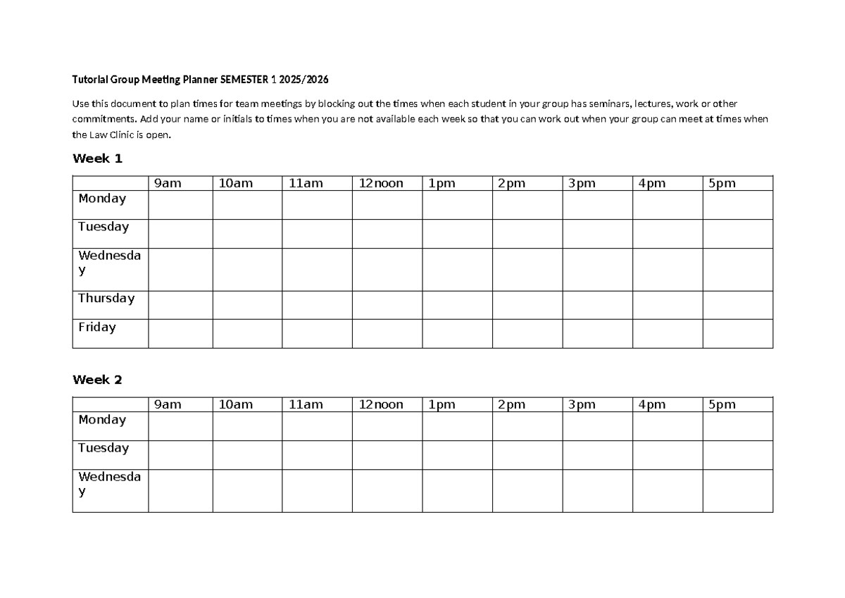 Tutorial Group Meeting Planner - Semester 1 Template - Studocu