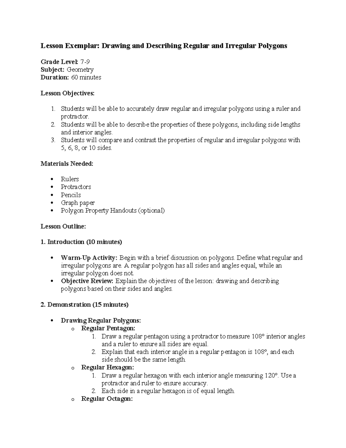 Lesson Exemplar: Drawing Regular & Irregular Polygons (Geometry) - Studocu