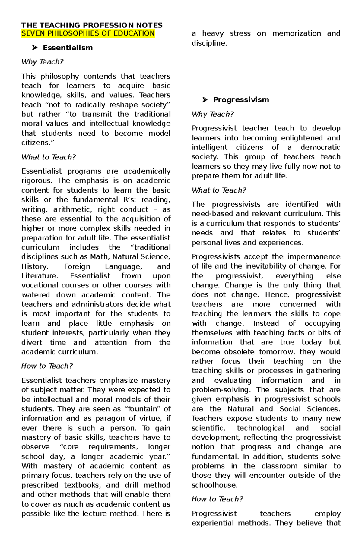 THE TEACHING PROFESSION NOTES: SEVEN EDUCATIONAL PHILOSOPHIES - Studocu