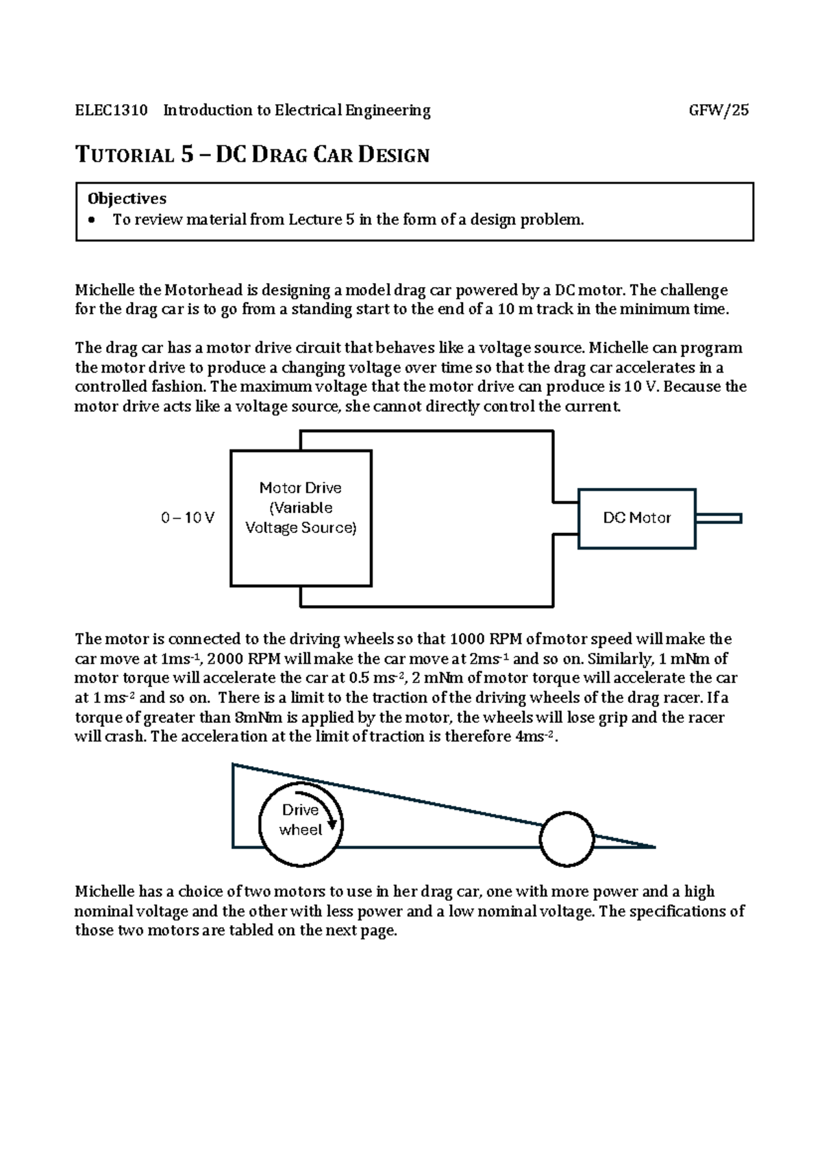 ELEC1310 TUTORIAL 5: DC Drag Car Design Challenge - Studocu