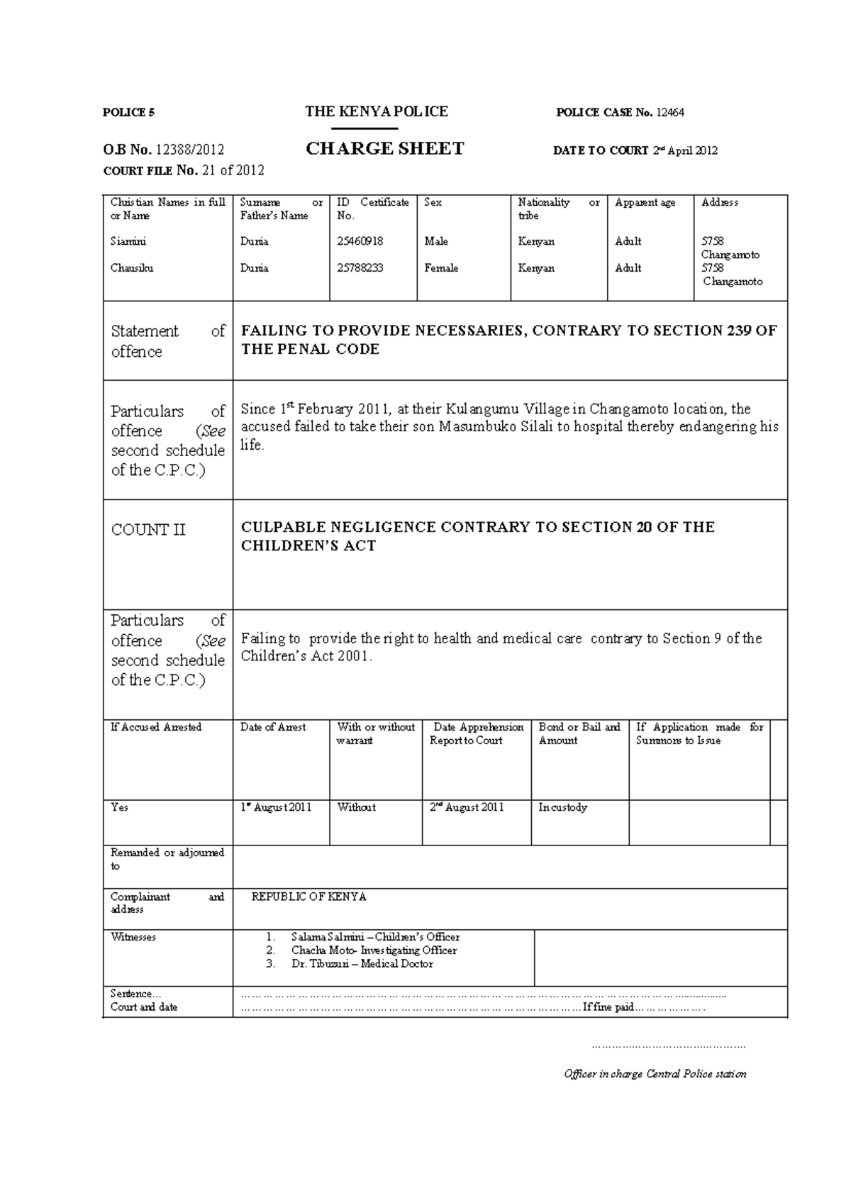 POLICE 5 Sample Charge Sheet for Case No. 12464 of 2012 - Studocu