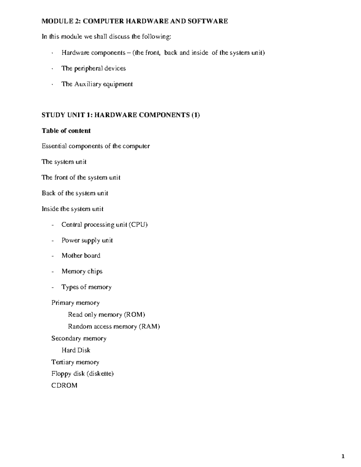 pdf material for computer fundamentals gst103 module 1 - MODULE 2: COMPUTER HARDWARE AND ...