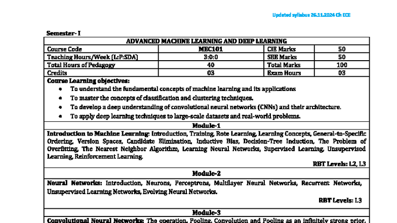 M.Tech Syllabus - I Sem: Advanced Machine Learning & Deep Learning (MEC101) - Studocu