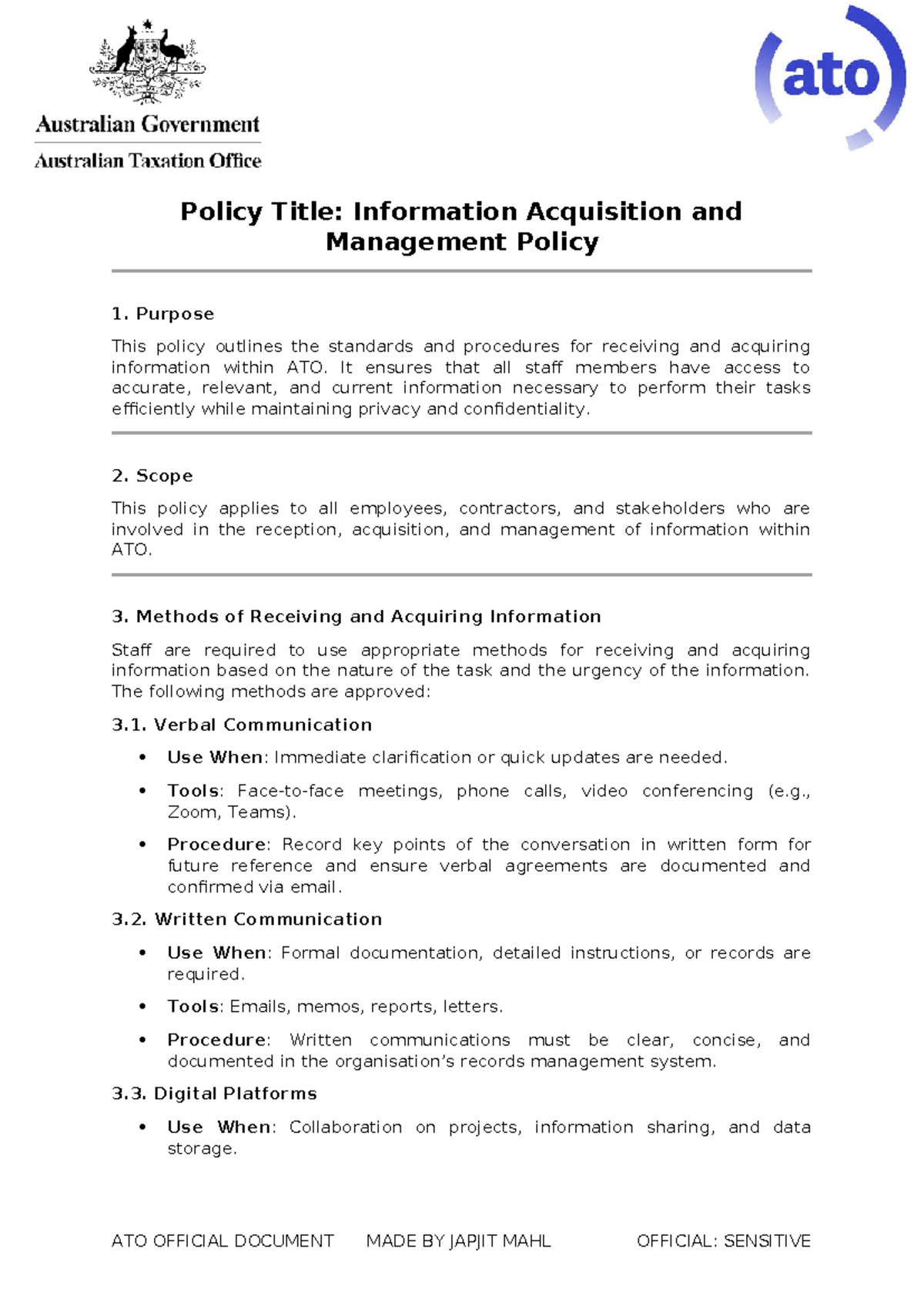 Ex 1 Policy on Information Acquisition & Management Standards - Studocu