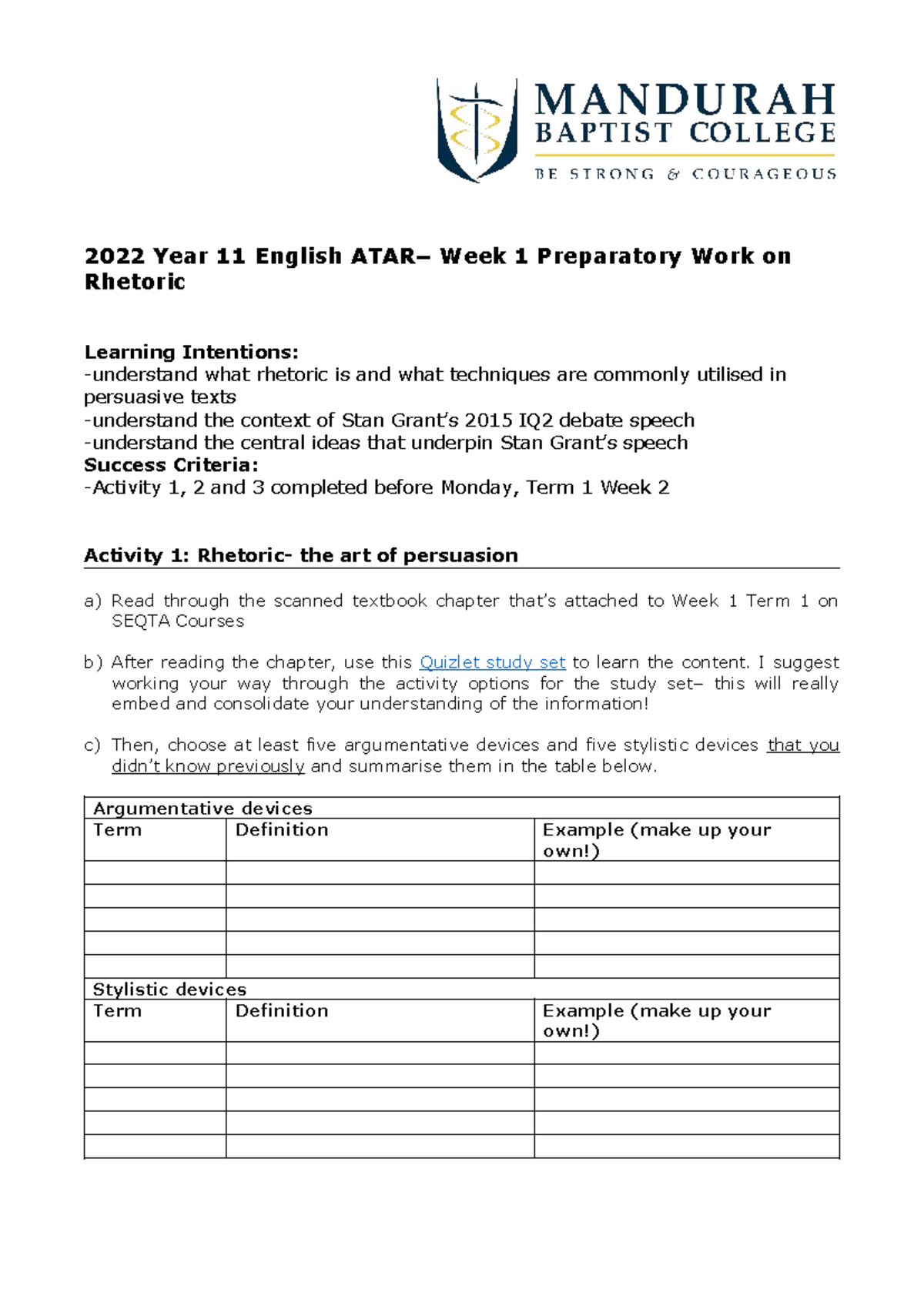 Year 11 English ATAR Prep: Rhetoric & Stan Grant's Speech (Week 1 ...