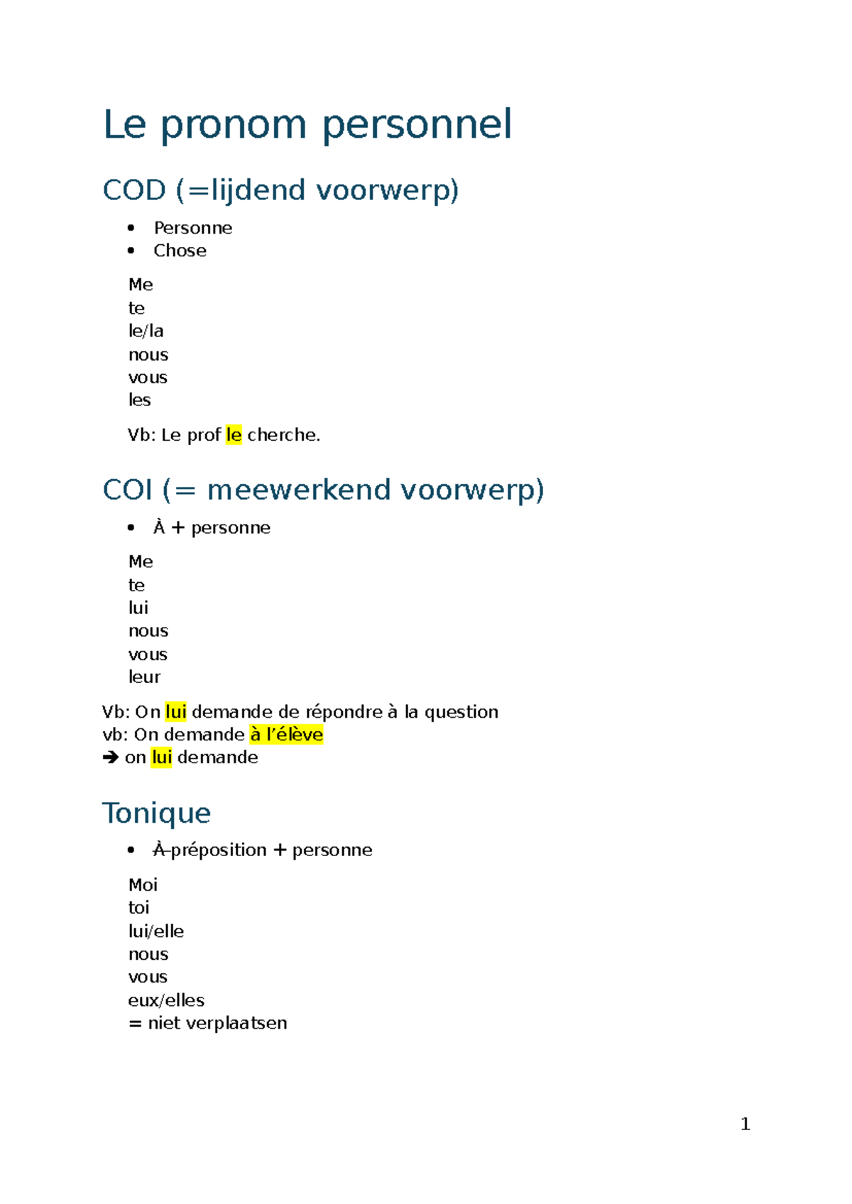 Frans Pronom Personnel: COD, COI, et Règles de Base - Studocu