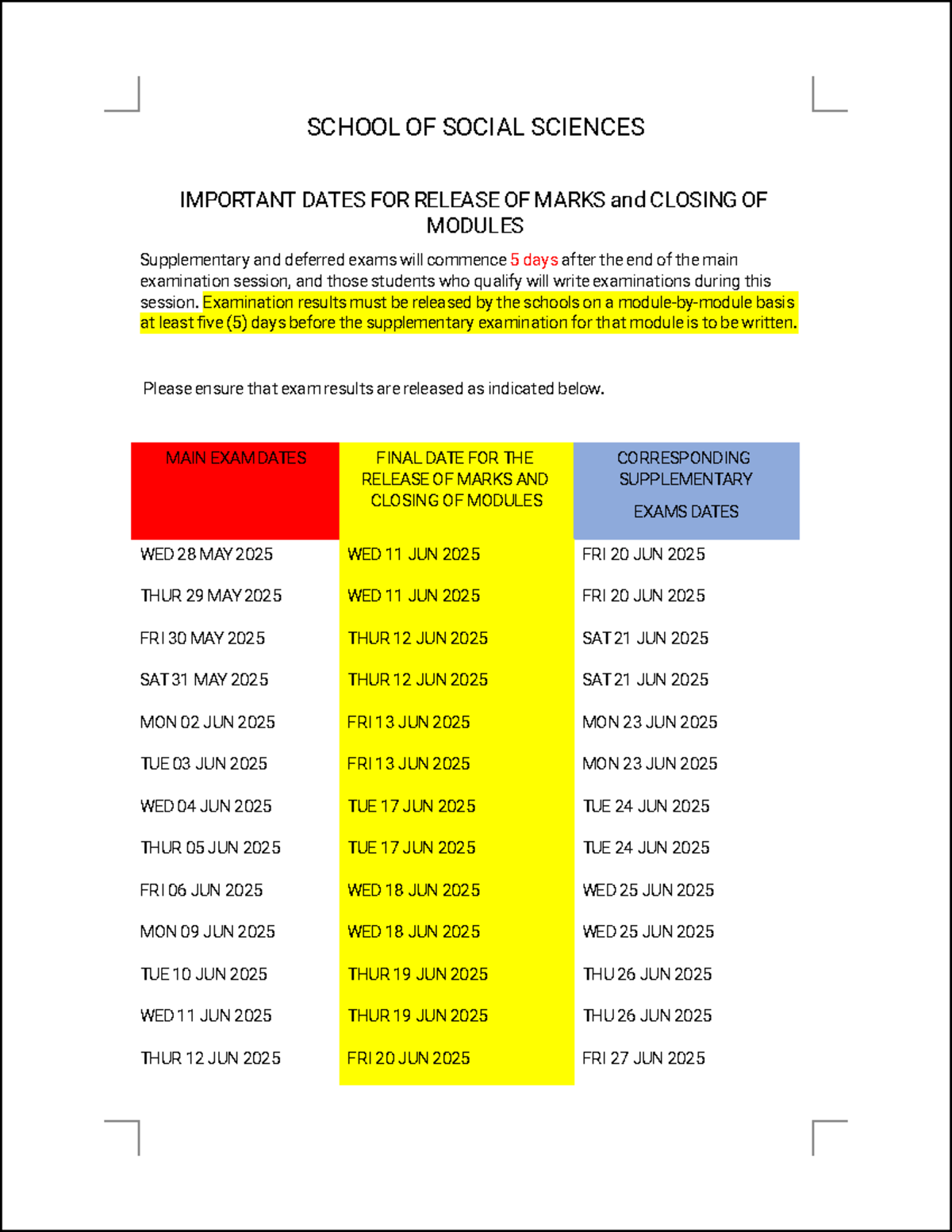 SCHOOL OF SOCIAL SCIENCES Exam Release Dates & Module Closures - June ...