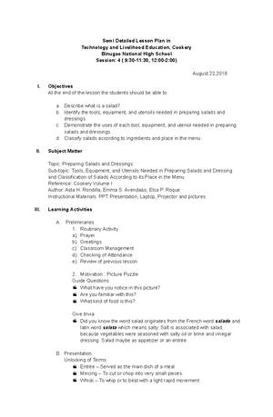 Lesson plan - instructural materials - Subject: TLE (Handicraft) Grade ...