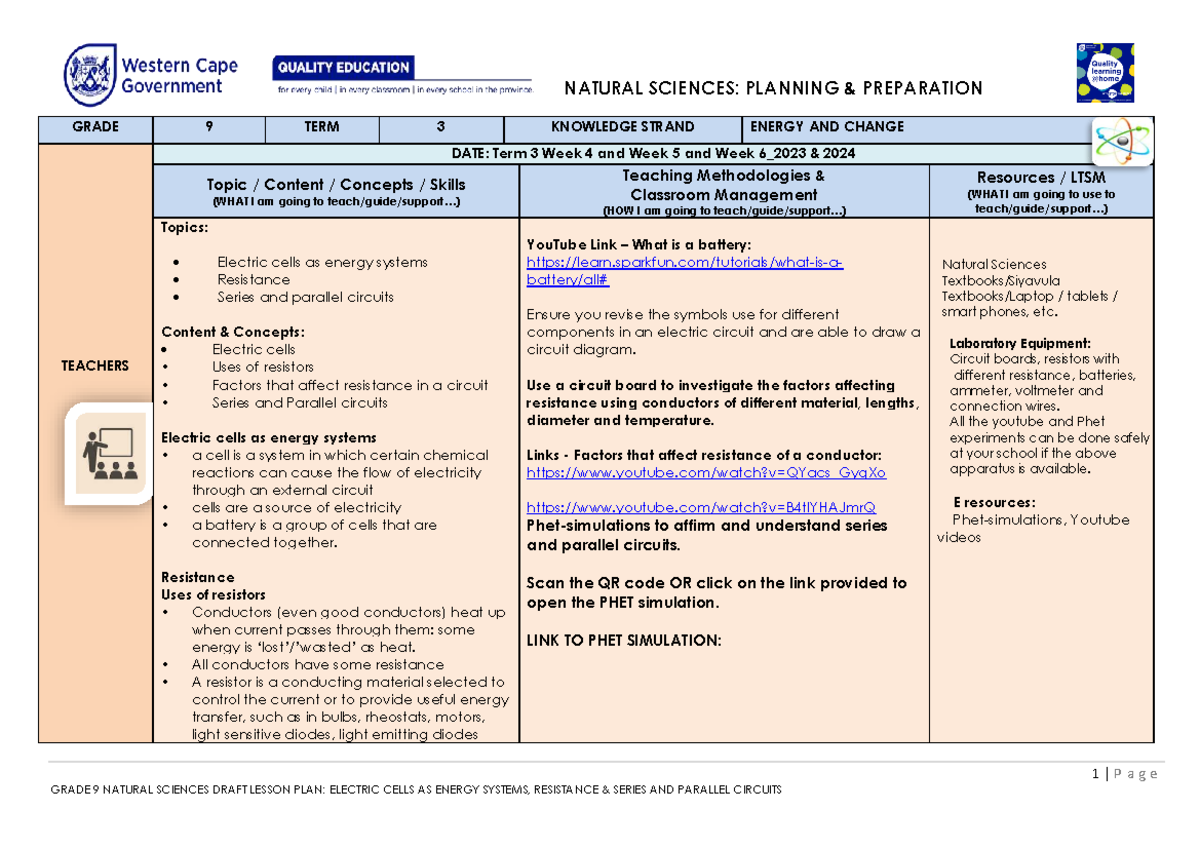 GRADE 9 NATURAL SCIENCES: LESSON PLAN ON ENERGY & CIRCUITS - Studocu