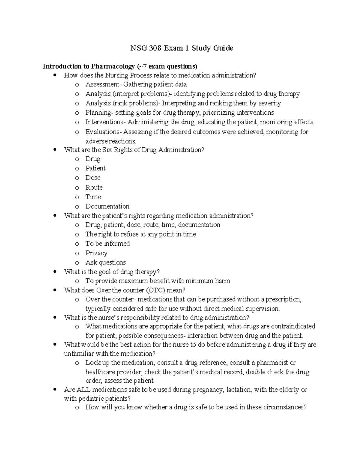NSG 308 Exam 1 Study Guide - NSG 308 Exam 1 Study Guide Introduction to ...