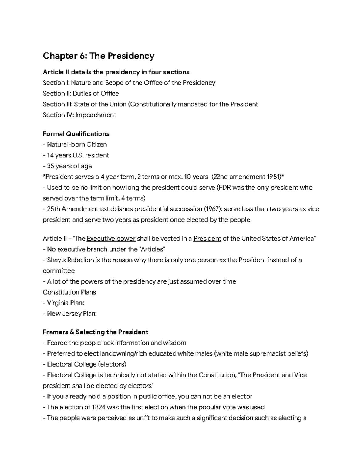 Chapter 6: The Presidency - Overview of Powers & Electoral Process ...