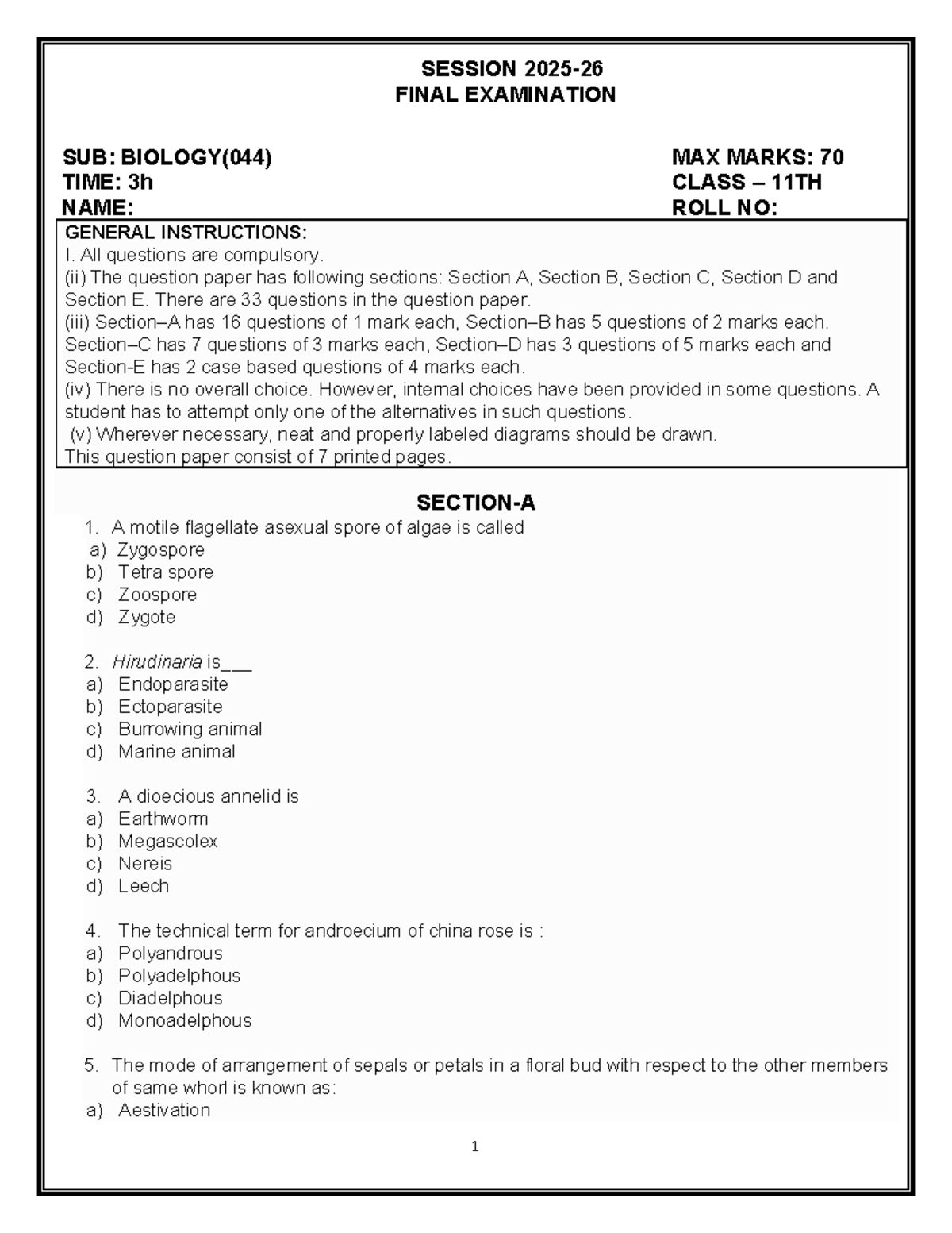 Class 11th Biology Term 2 Final Exam Paper (044) - Studocu