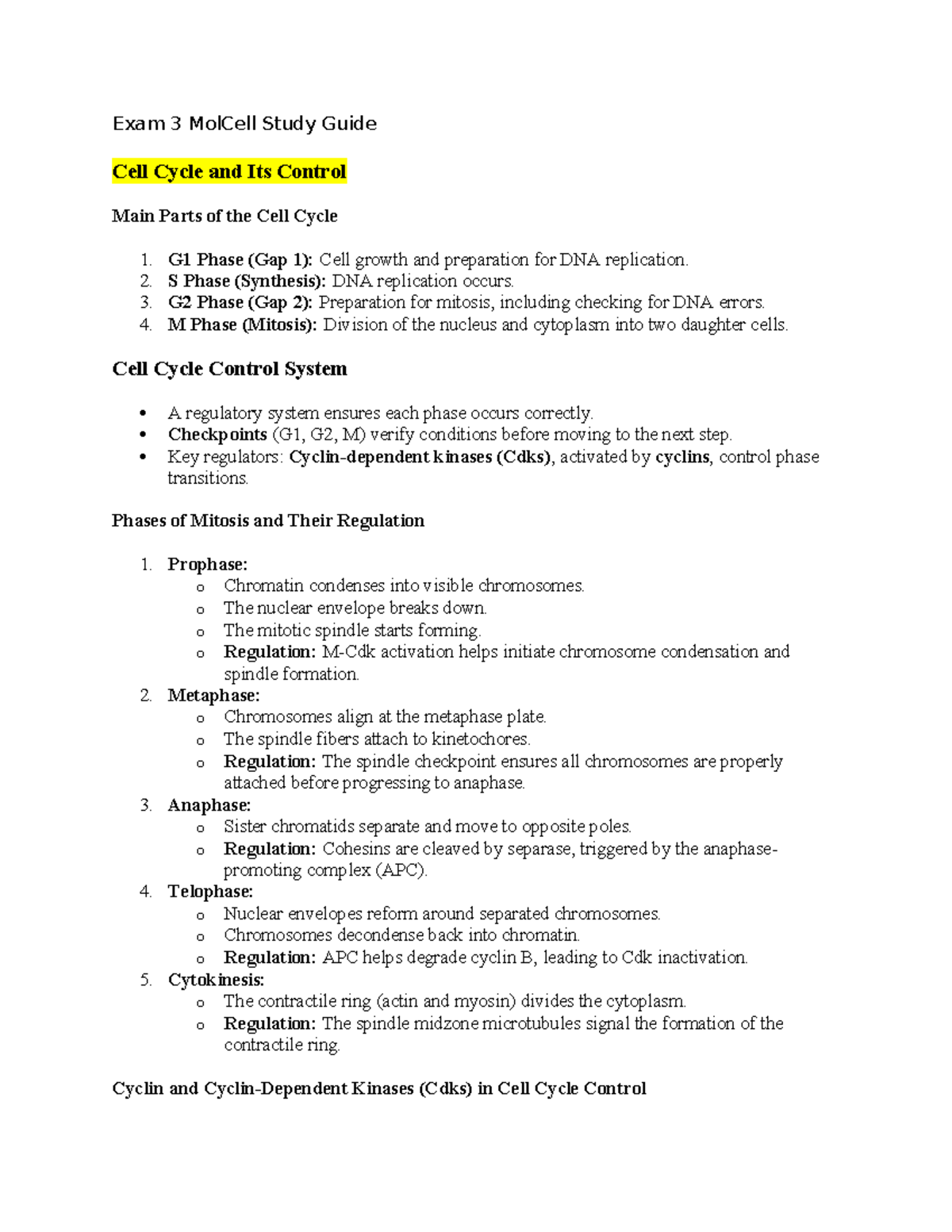 MolCell 3 Exam Study Guide: Cell Cycle, Control, and Cancer Insights ...