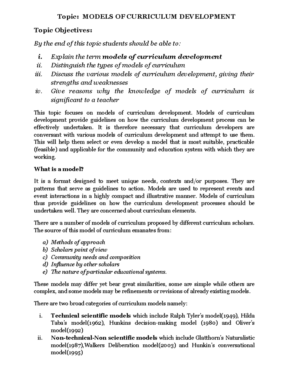 EDCI 211 Models of Curriculum Development and Their Applications - Studocu