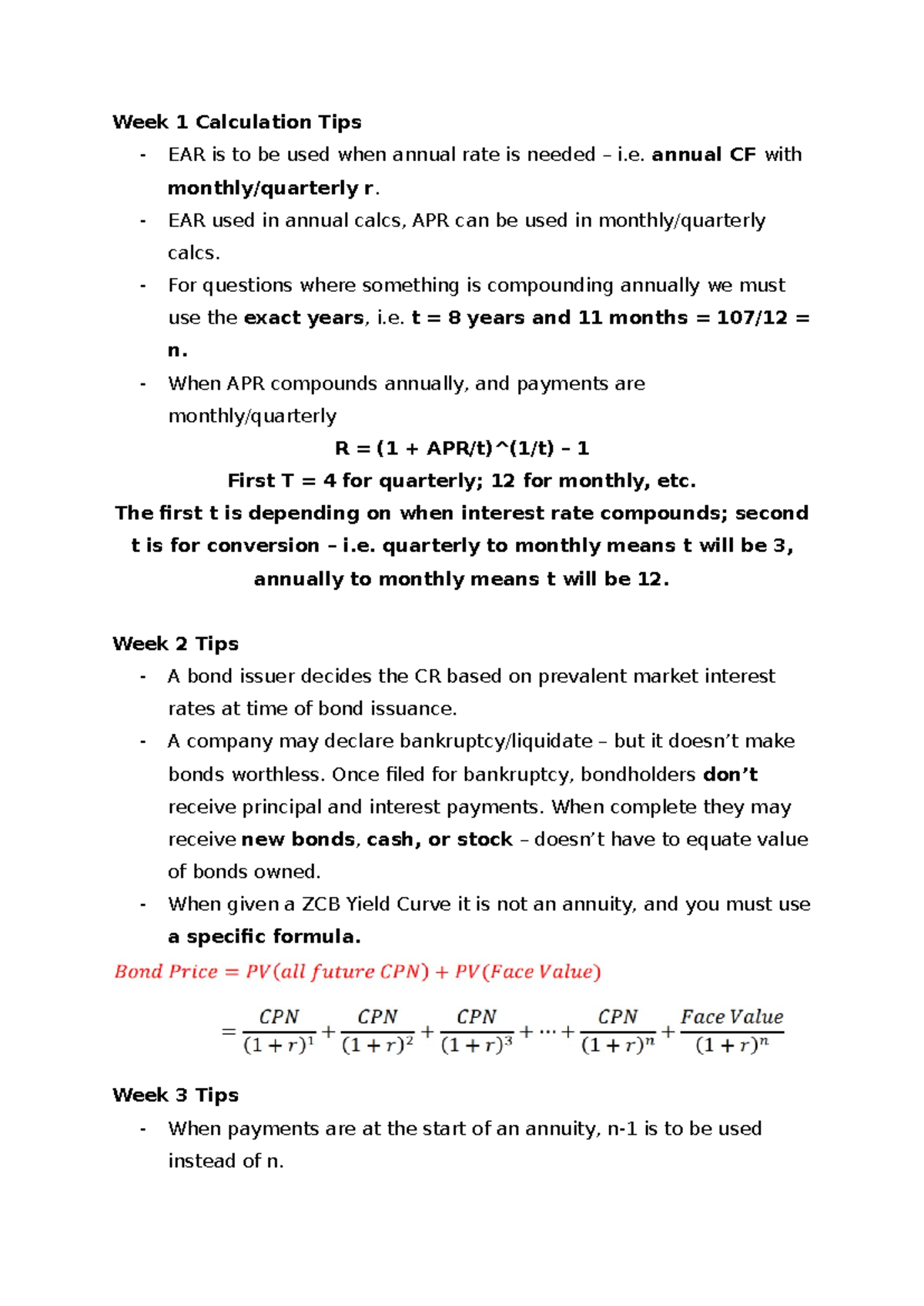 Calculation Tips for Finance: Weeks 1-8 Overview - Studocu