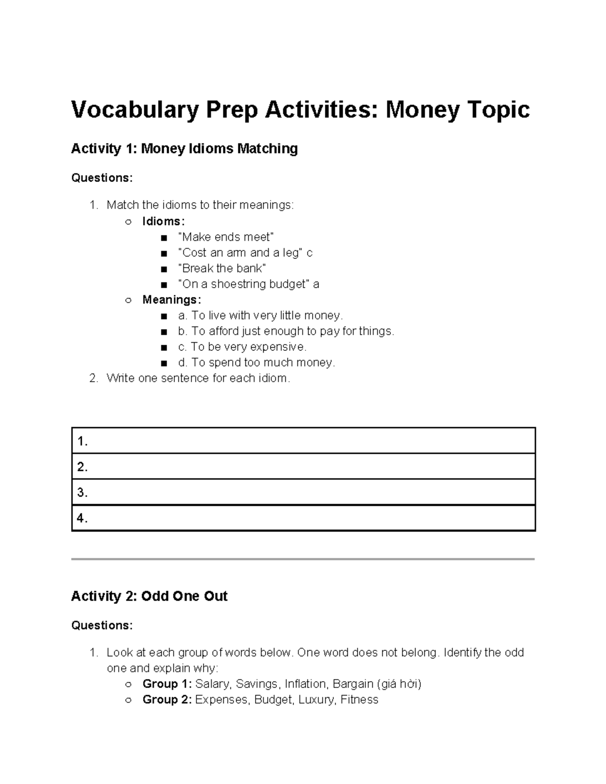 Vocabulary Prep Activities: Money Topic - Idioms & Budgeting - Studocu