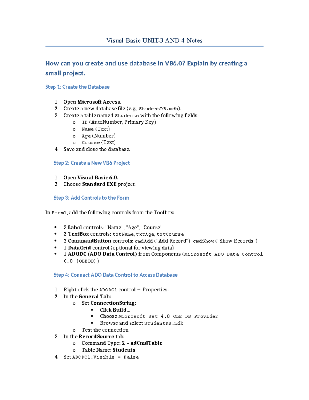 Visual Basic 4 notes: Creating and using a database in VB6.0 - Studocu