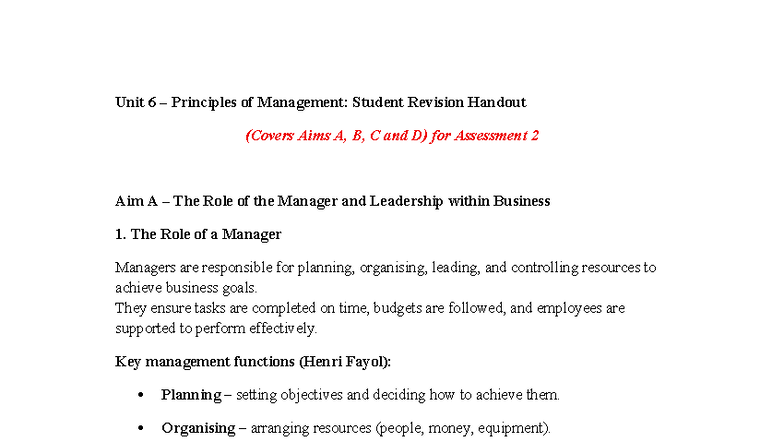 Unit 6 Principles of Management: Revision Handout for Aims A, B, C & D ...