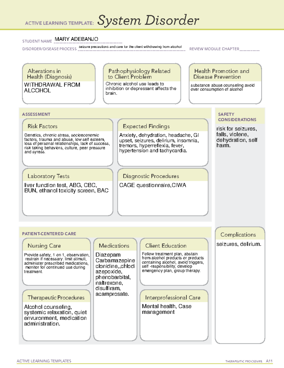 Active Learning Template: Seizure Precautions & Alcohol Withdrawal (11 ...