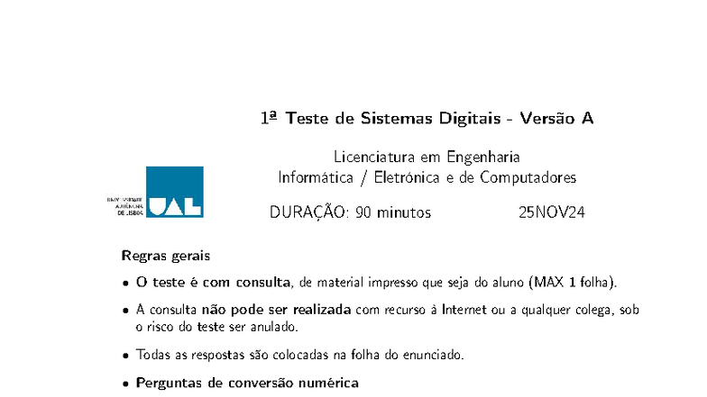 1º Teste de SD Versão A - Lic. em Eng. Informática 25NOV24 - Studocu
