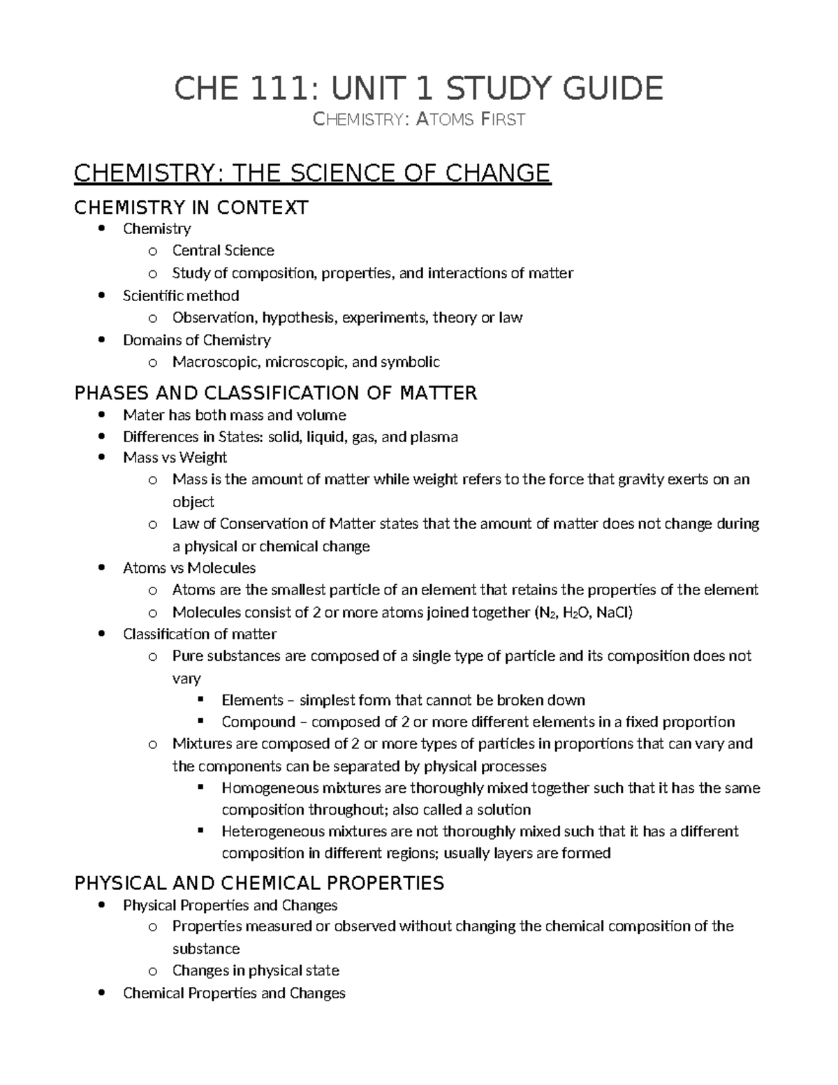 CHE 111: Unit 1 Study Guide on Atoms, Matter, and Measurements - Studocu