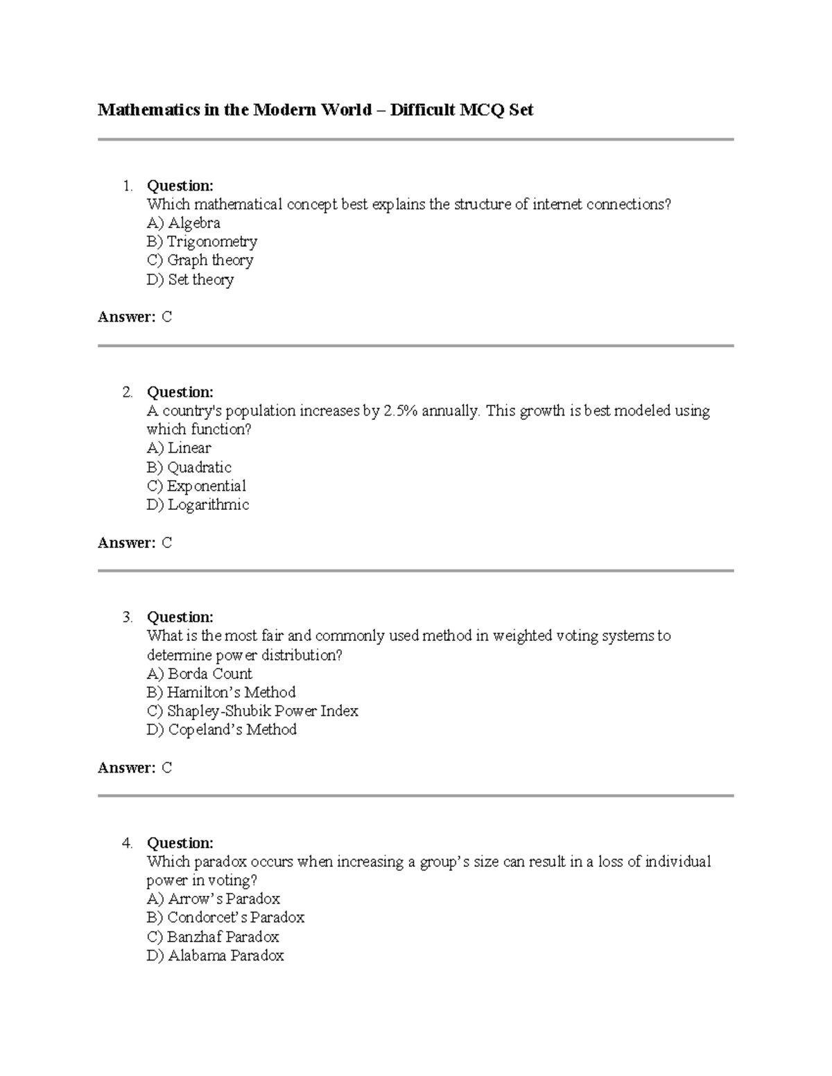 Mathematics in the Modern World (MATH101) - Difficult MCQ Set 1 - Studocu