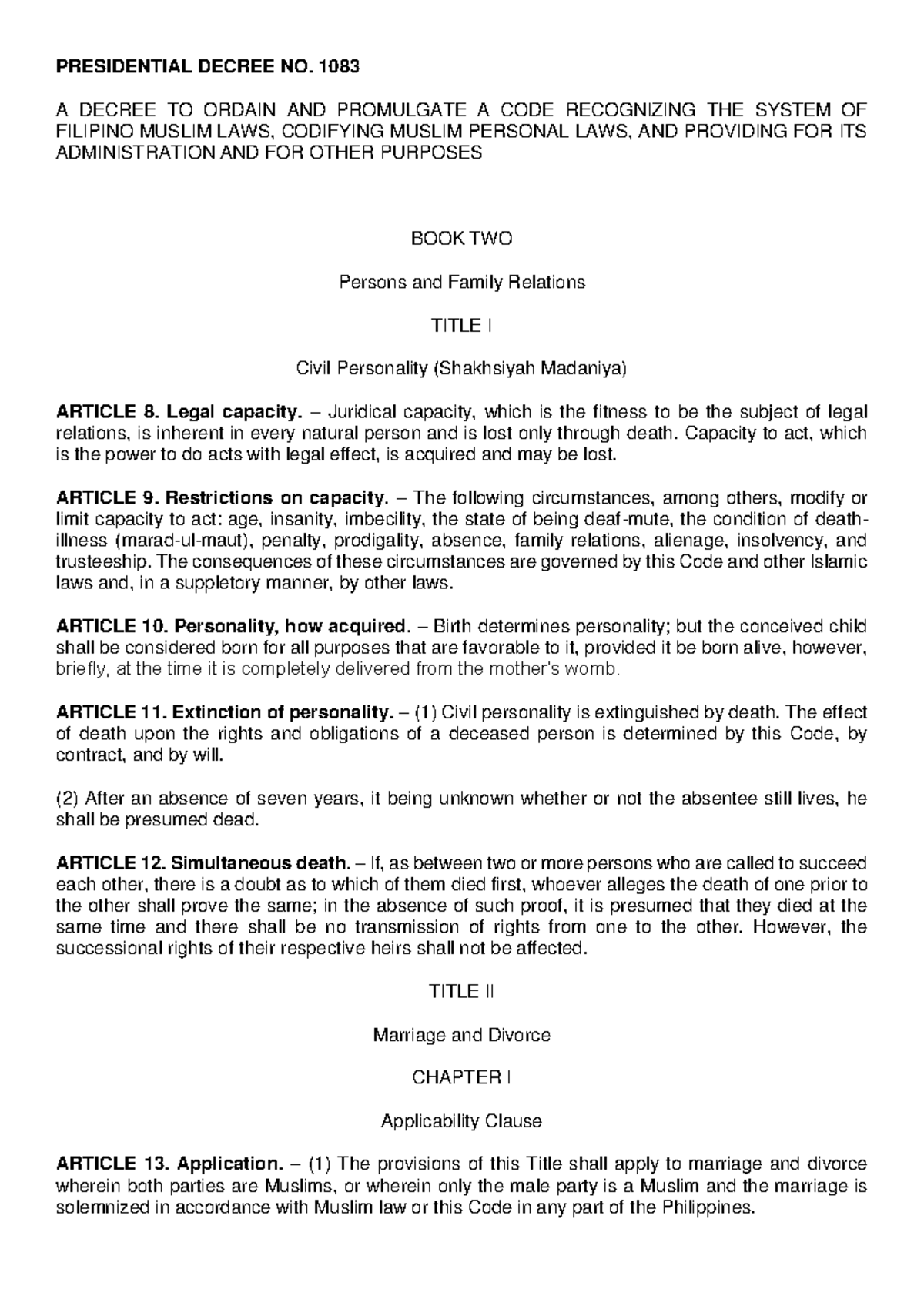 Muslim CODE OF Marriage - PRESIDENTIAL DECREE NO. 1083 A DECREE TO ...