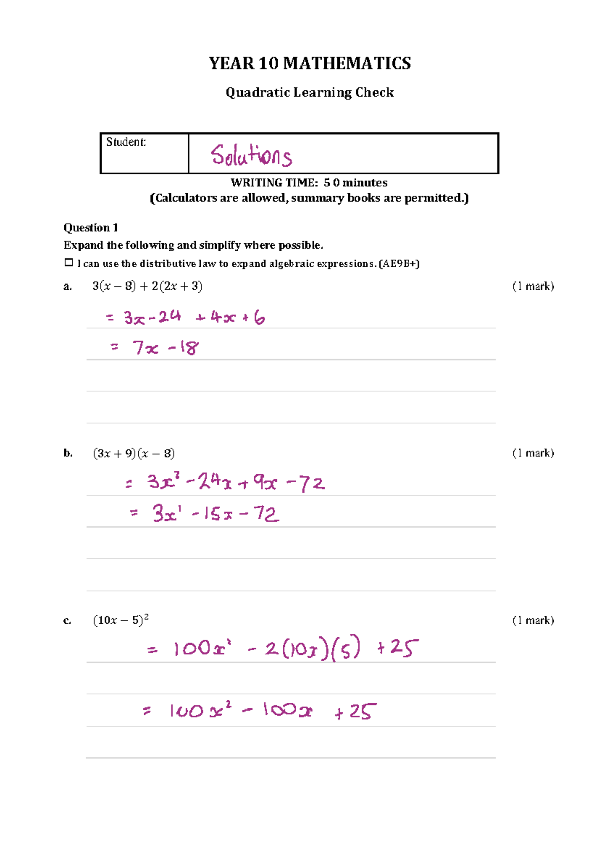 Year 10 Mathematics Quadratic Learning Check 2023 - Answer Keys - Studocu