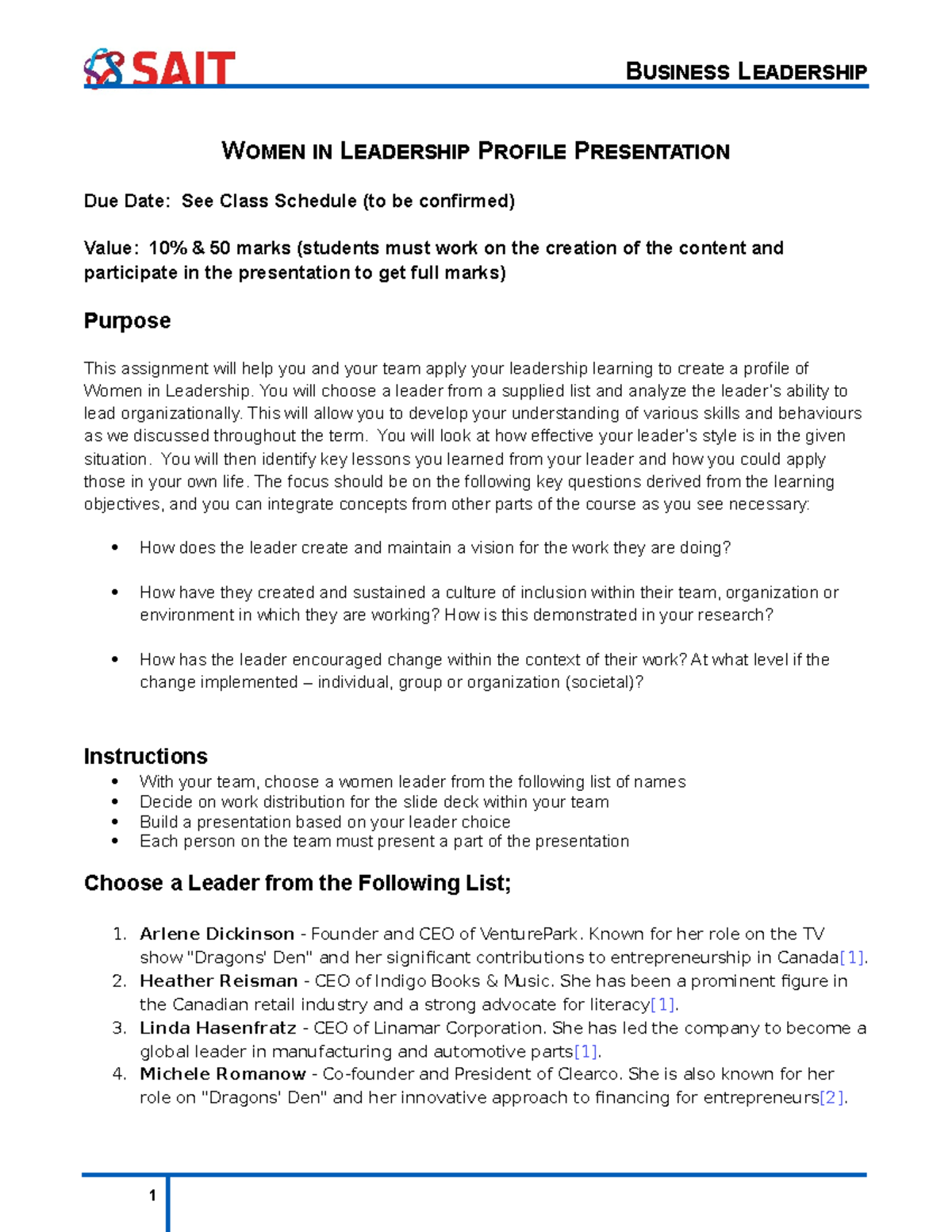 BUSINESS LEADERSHIP: Women in Leadership Profile Presentation - Studocu