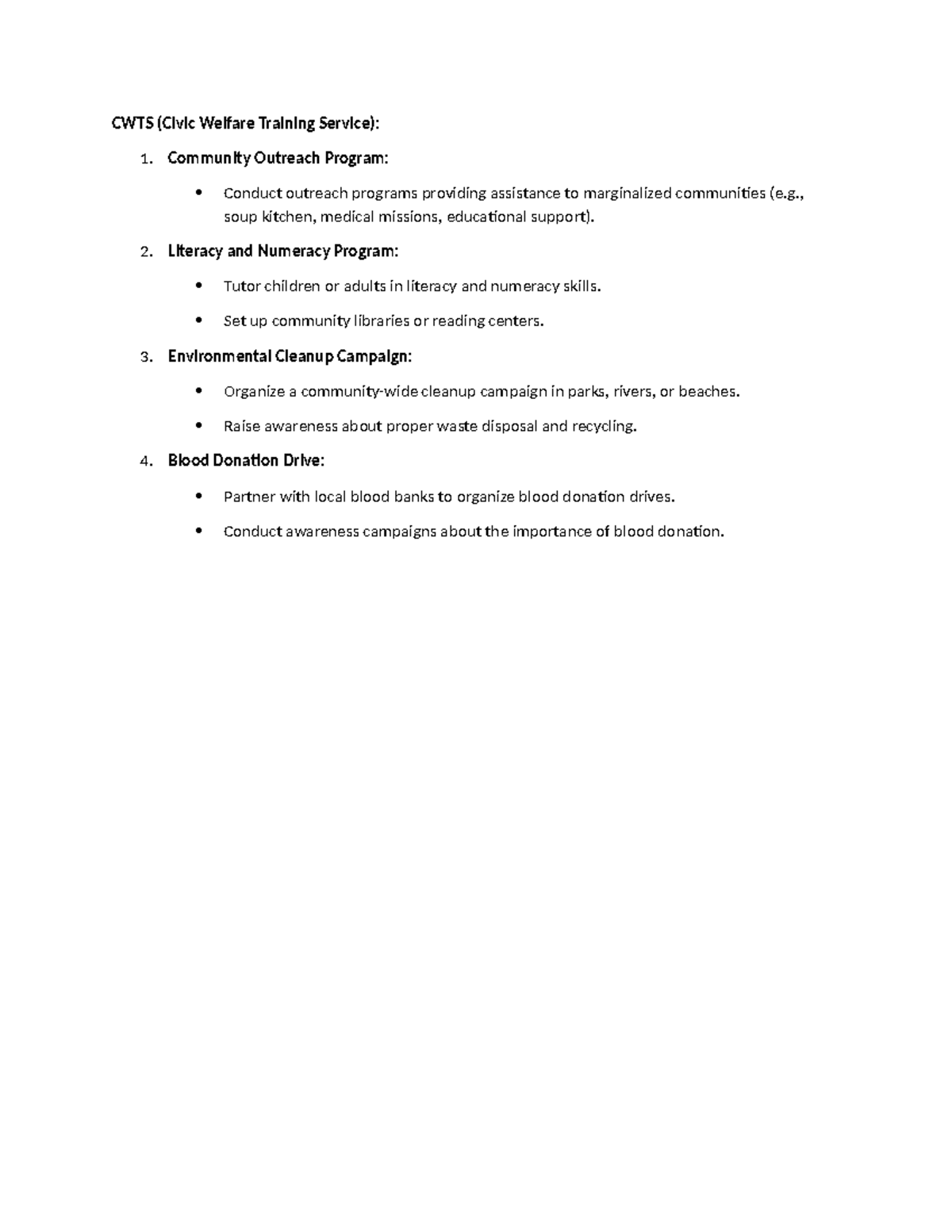 CWTS Proposed Activities - CWTS (Civic Welfare Training Service): 1 ...