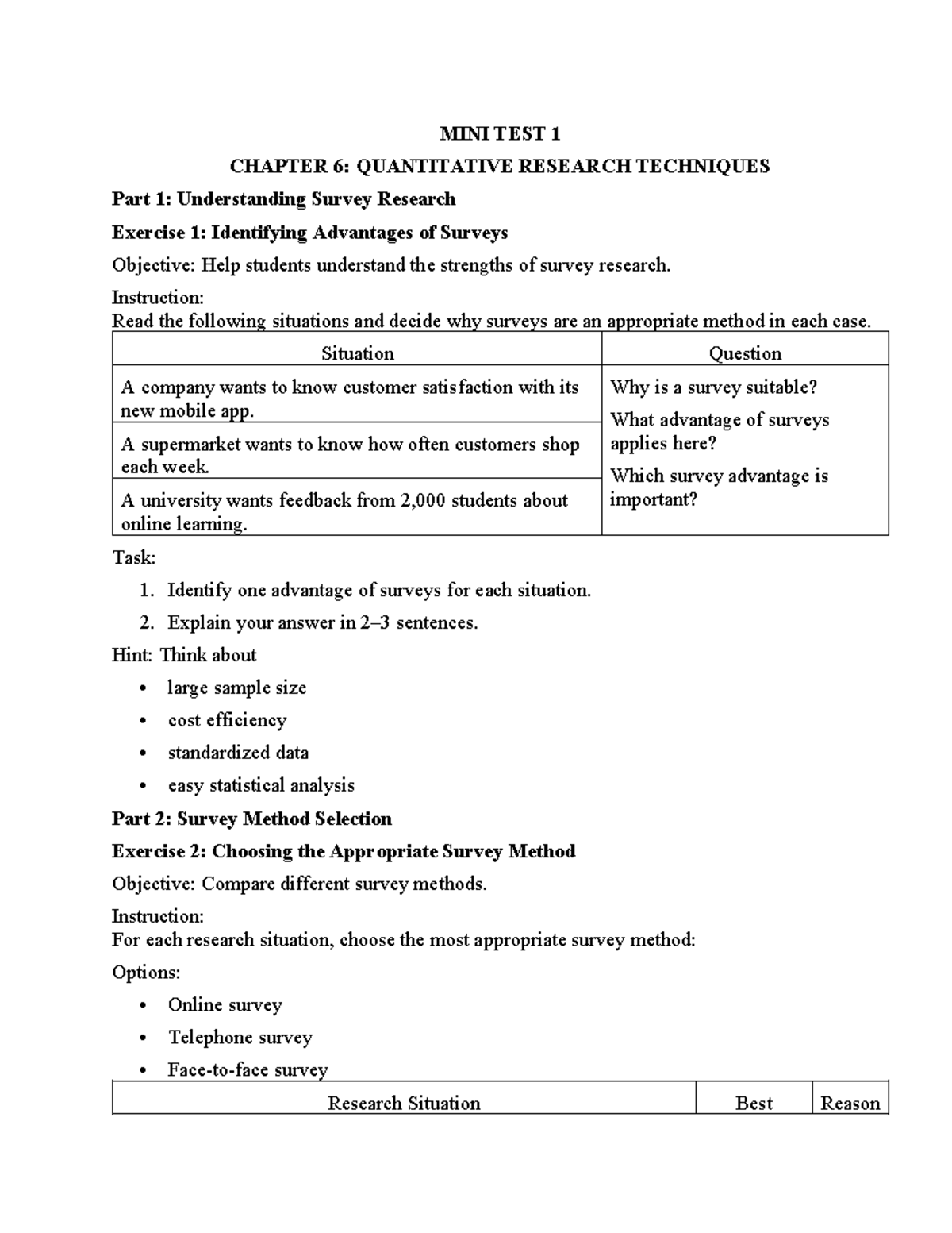 MINI TEST 1: CH 6 - QUANTITATIVE RESEARCH TECHNIQUES & SURVEY METHODS ...
