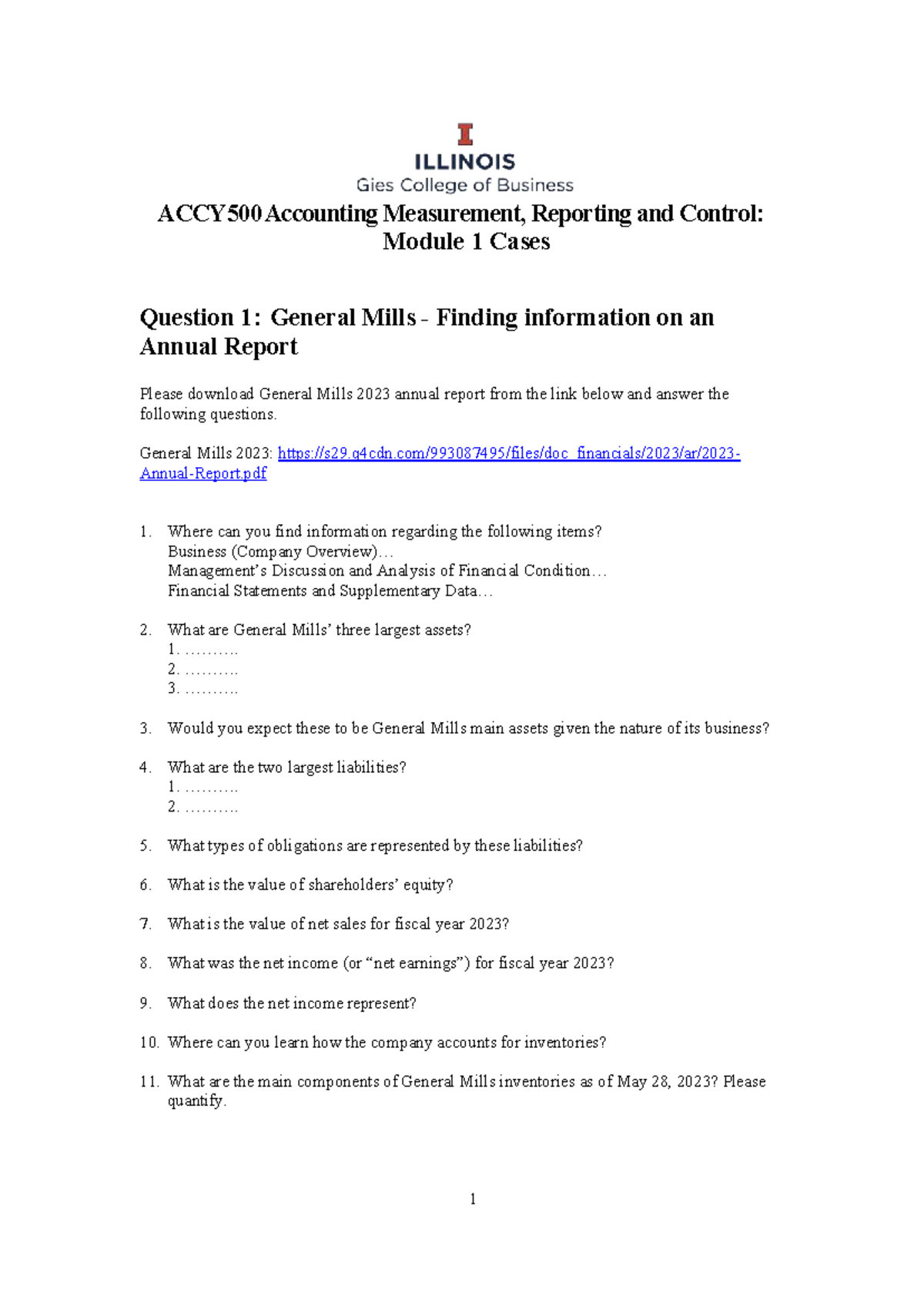 ACCY500 Module 1 Case Questions: General Mills & Sporting Goods Inc ...