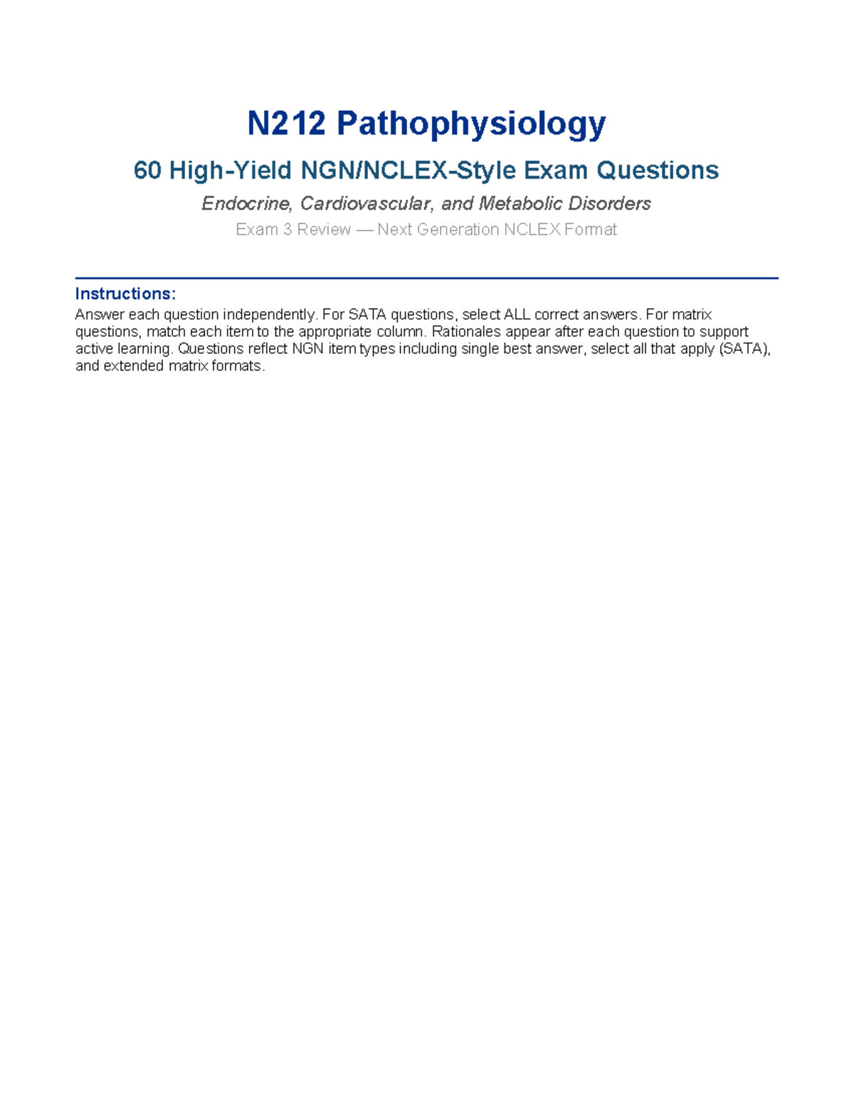 N212 Pathophysiology Exam 3 Review: 60 NGN NCLEX Questions - Studocu
