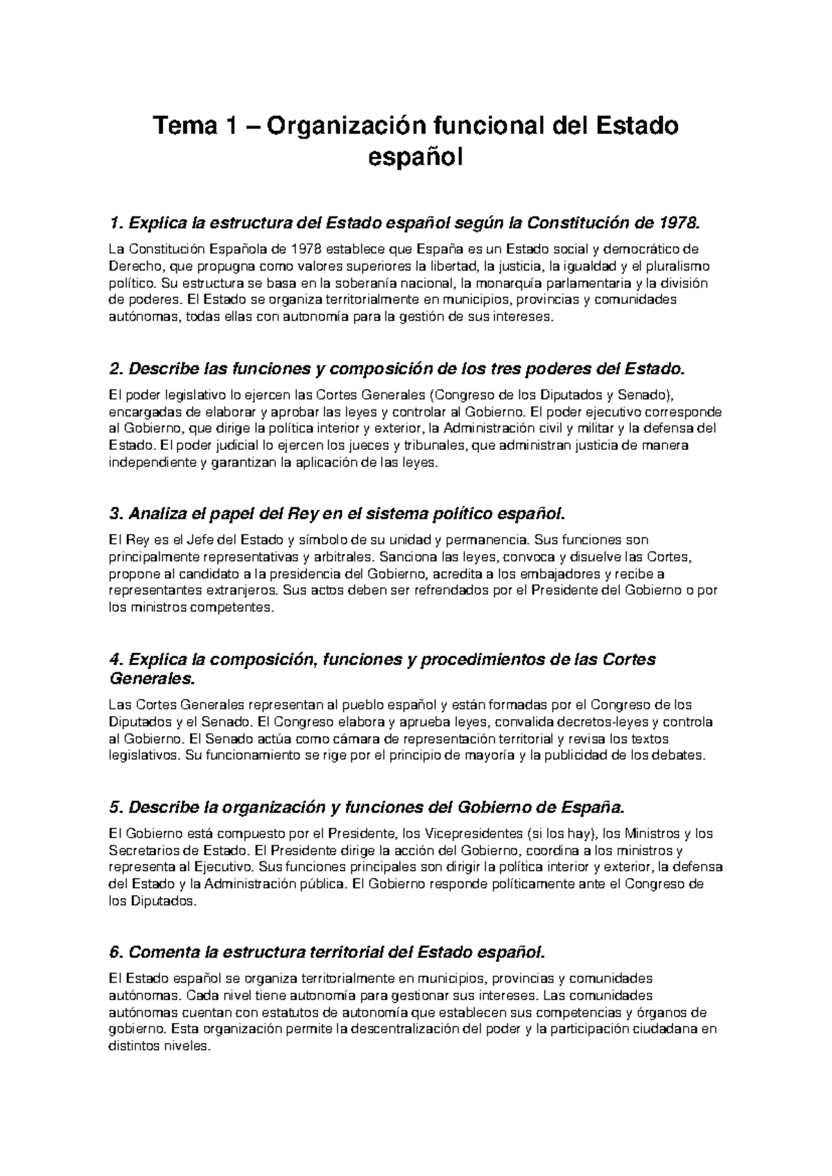 Tema 1: Estructura y Funciones del Estado Español según la Constitución ...