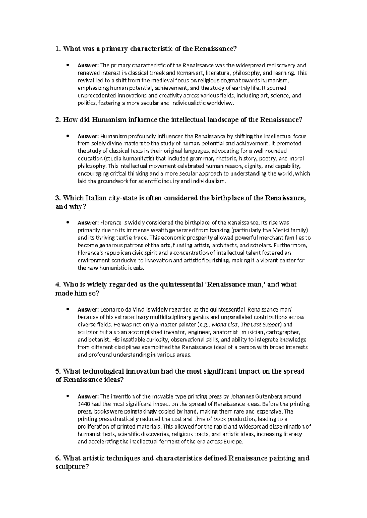 History 10: Key Characteristics and Influences of the Renaissance - Studocu