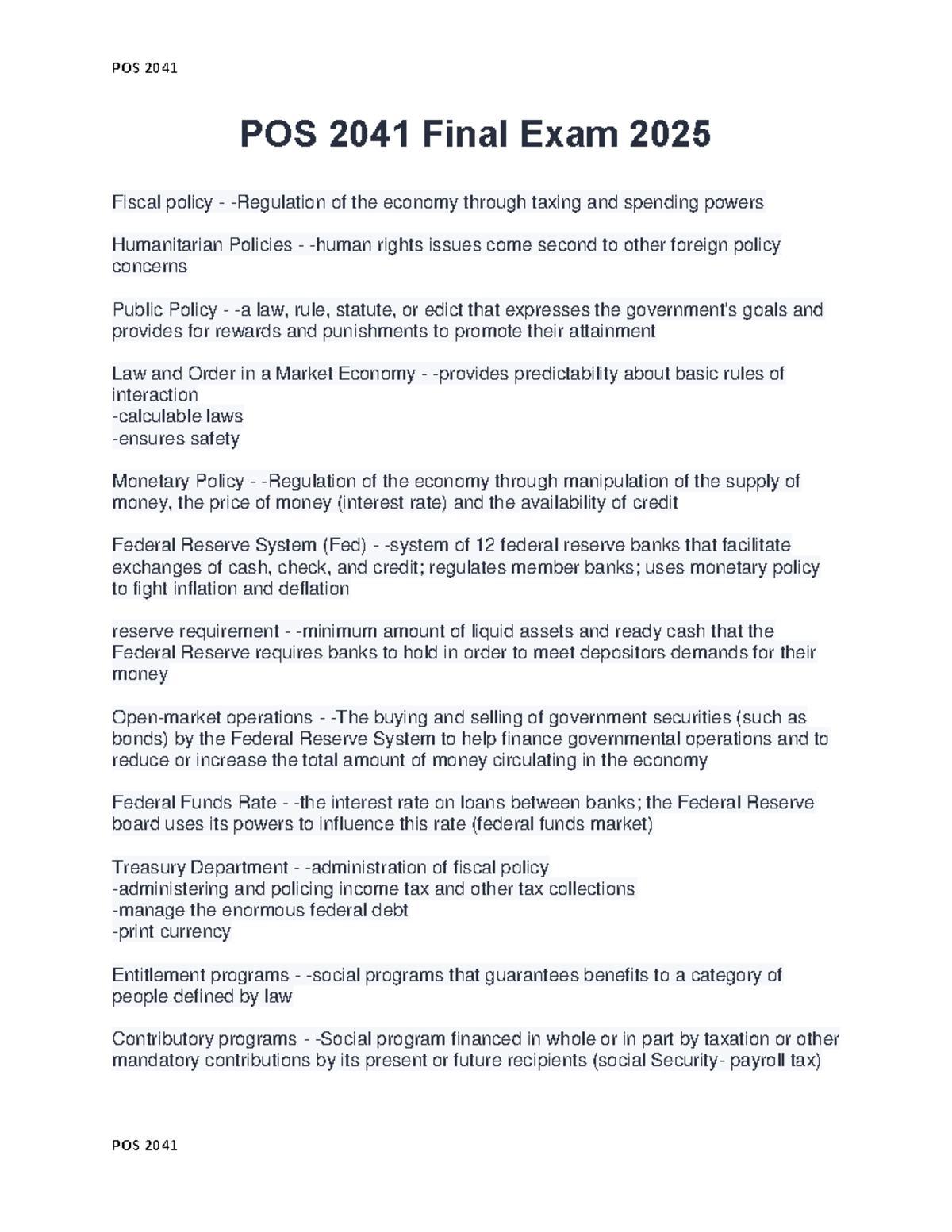 POS 2041 Final Exam 2025: Comprehensive Overview of Economic Policies ...