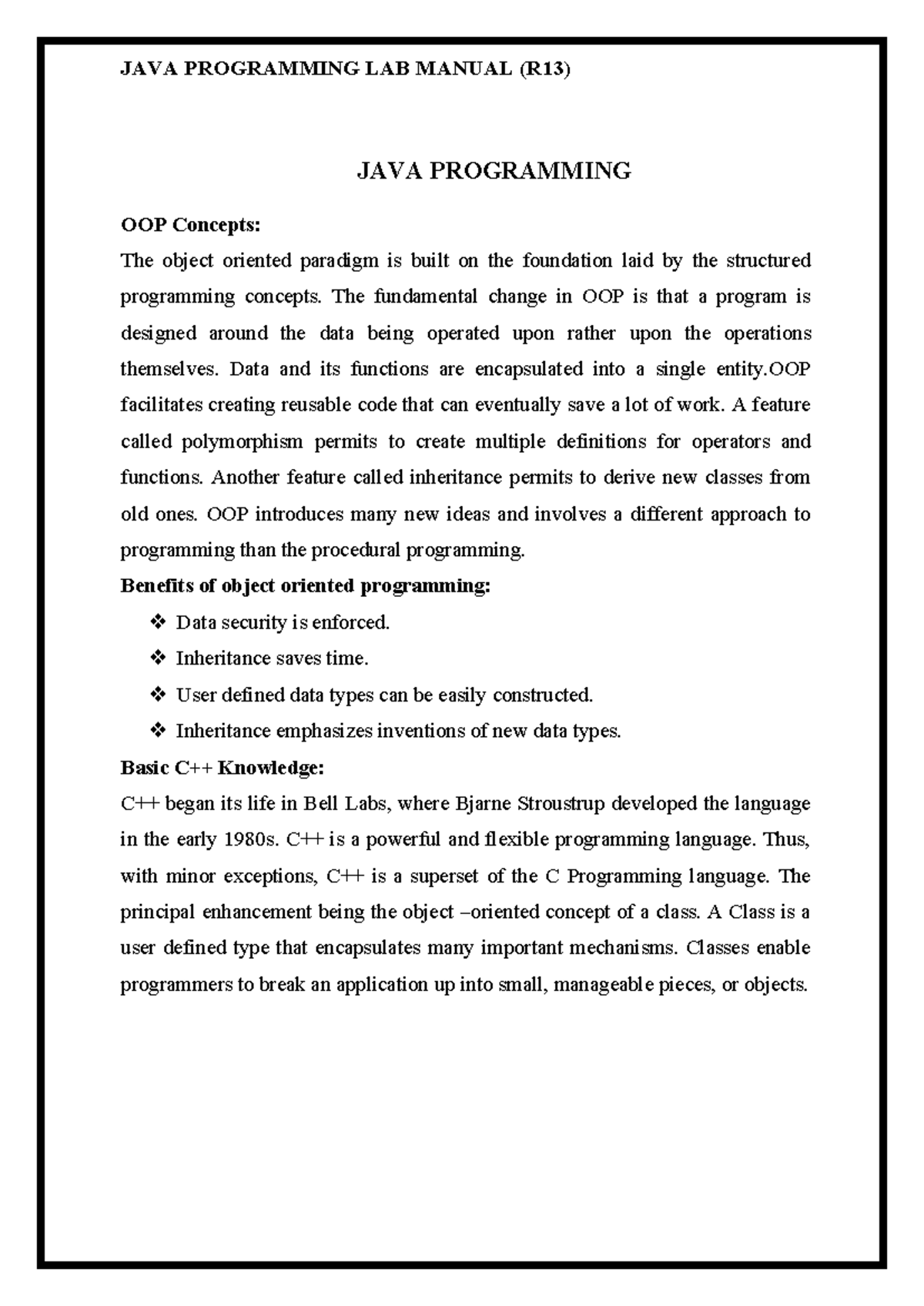 JAVA PROGRAMMING LAB MANUAL (R13): OOP Concepts and Practical Exercises - Studocu