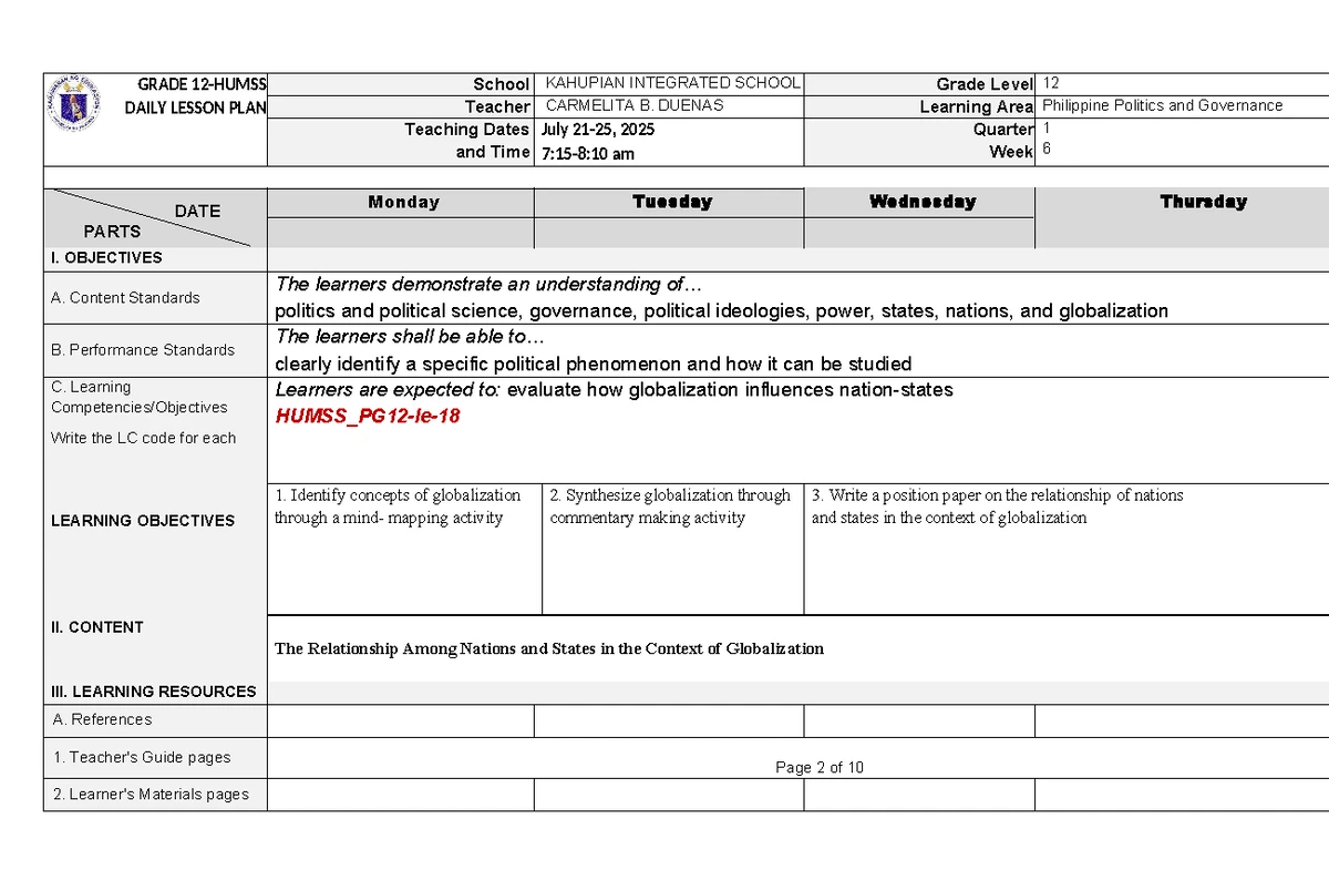 PPG 12 Final Lesson Plan: States, Nations, and Globalization - Studocu