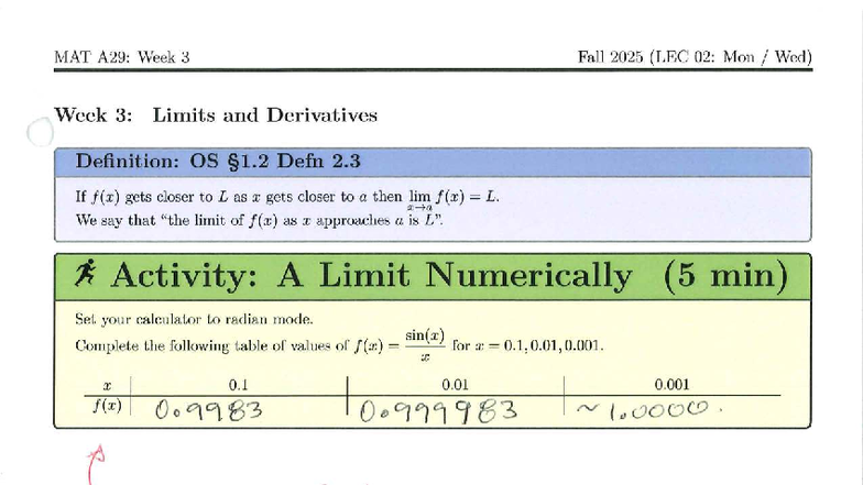 MAT A29: Fall 2025 Lecture Notes - Week 3 on Limits & Derivatives - Studocu