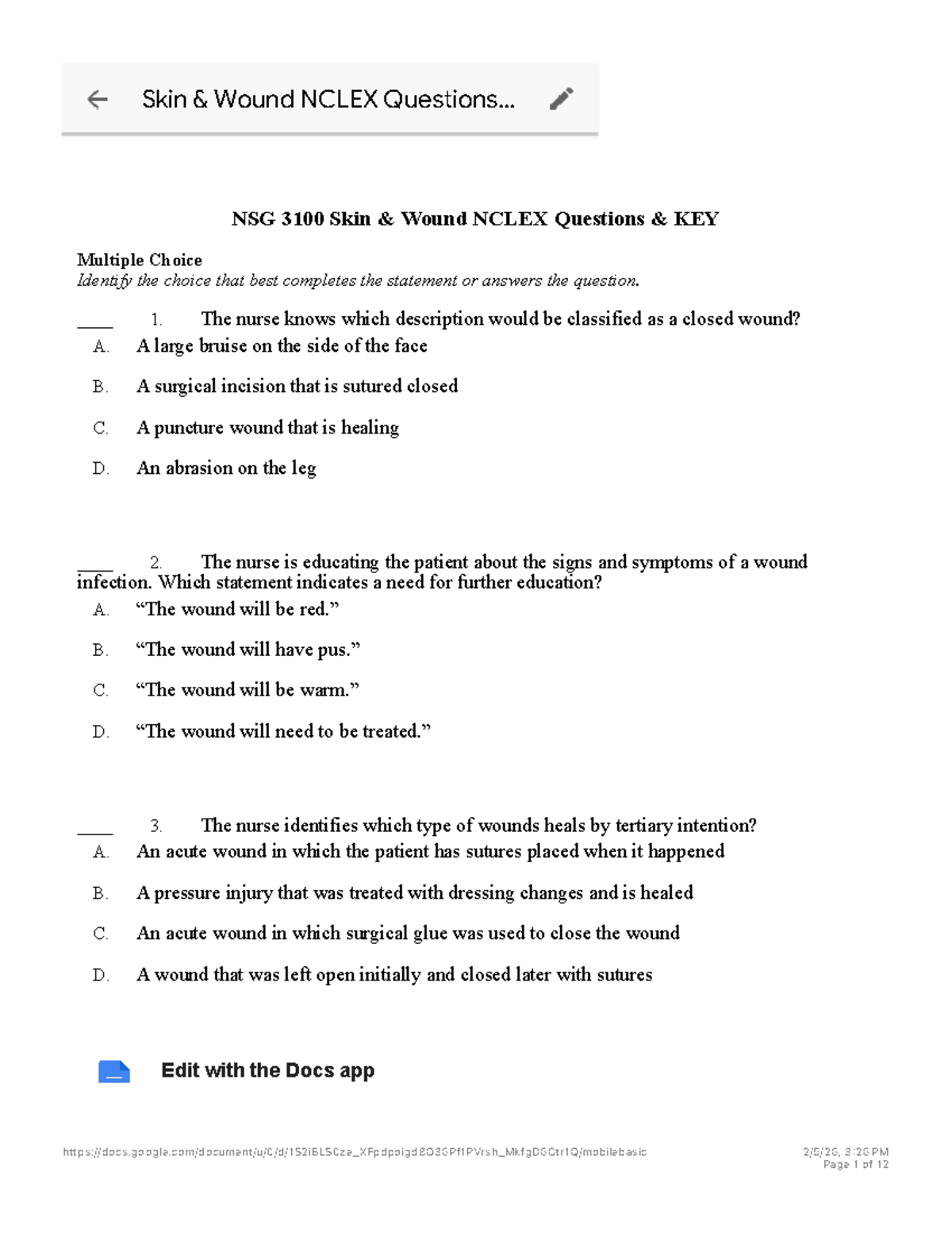 Skin & Wound NCLEX Questions KEY - NSG 3100 Study Guide - Studocu