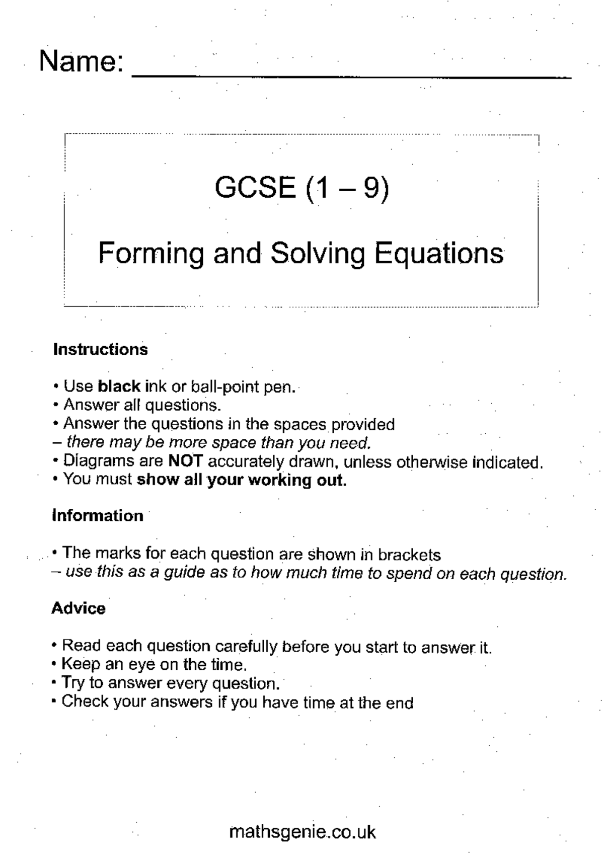 GCSE (1 9) Forming and Solving Equations Practice Questions - Studocu
