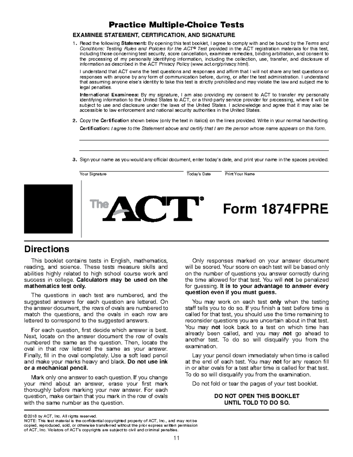 ACTPractice Test 2018-2019 - ####### 11 Practice Multiple-Choice Tests ...