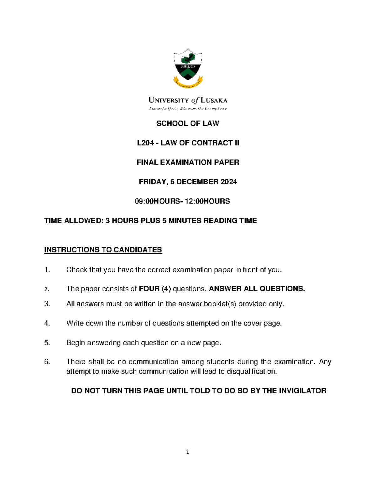L204 LAW OF CONTRACT II FINAL EXAM PAPER DEC 6, 2024 - Studocu