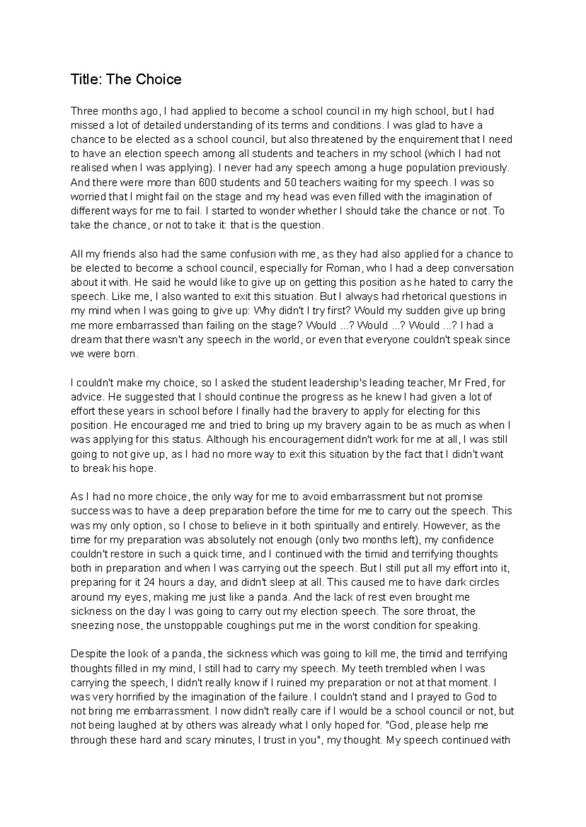 Title: Reflection on My Election Speech Experience - The Choice Essay ...
