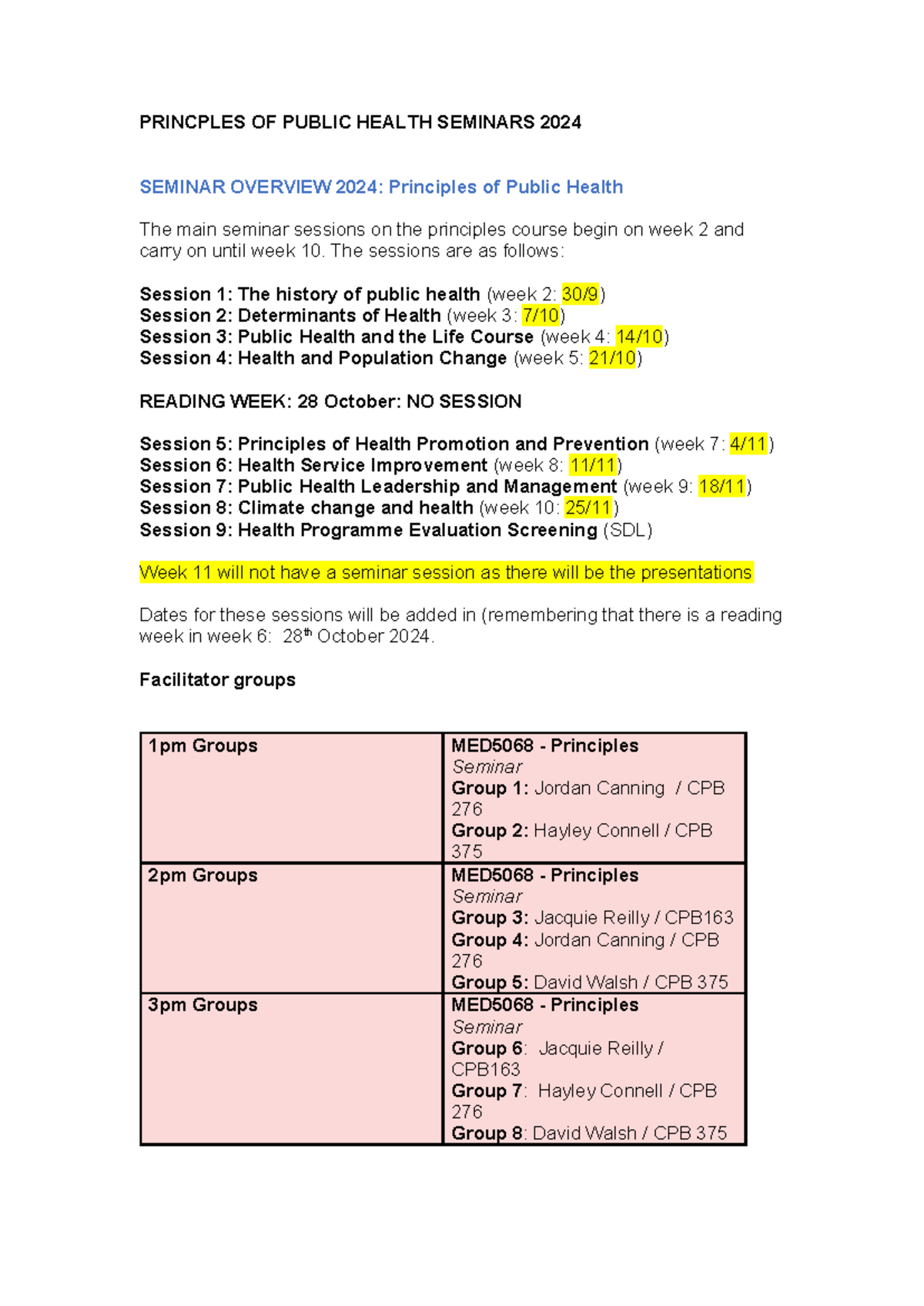 MED5068 Principles of Public Health Seminar Overview 2024 - Studocu