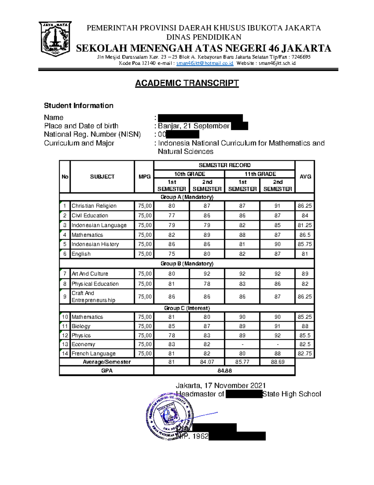 Academic Transcript - SMA 10th & 11th Grade Summary - Studocu
