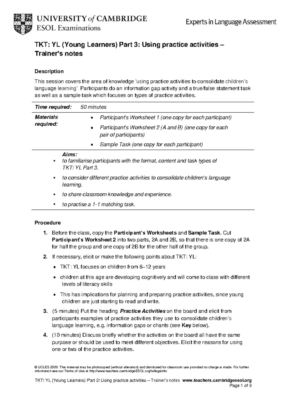 TKT: YL (Young Learners) Part 3: Notes on Practice Activities - Studocu