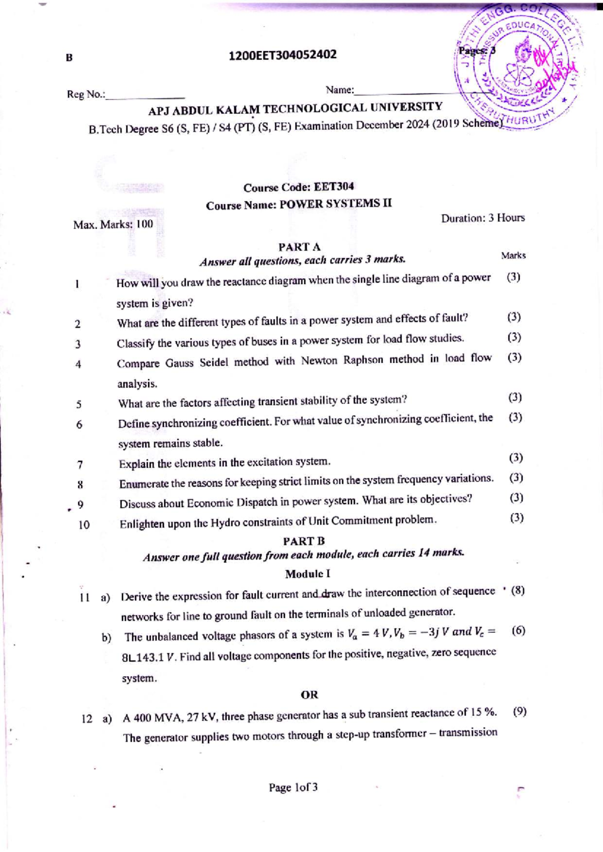 EET304 Power Systems II Final Exam Notes - December 2024 - Studocu
