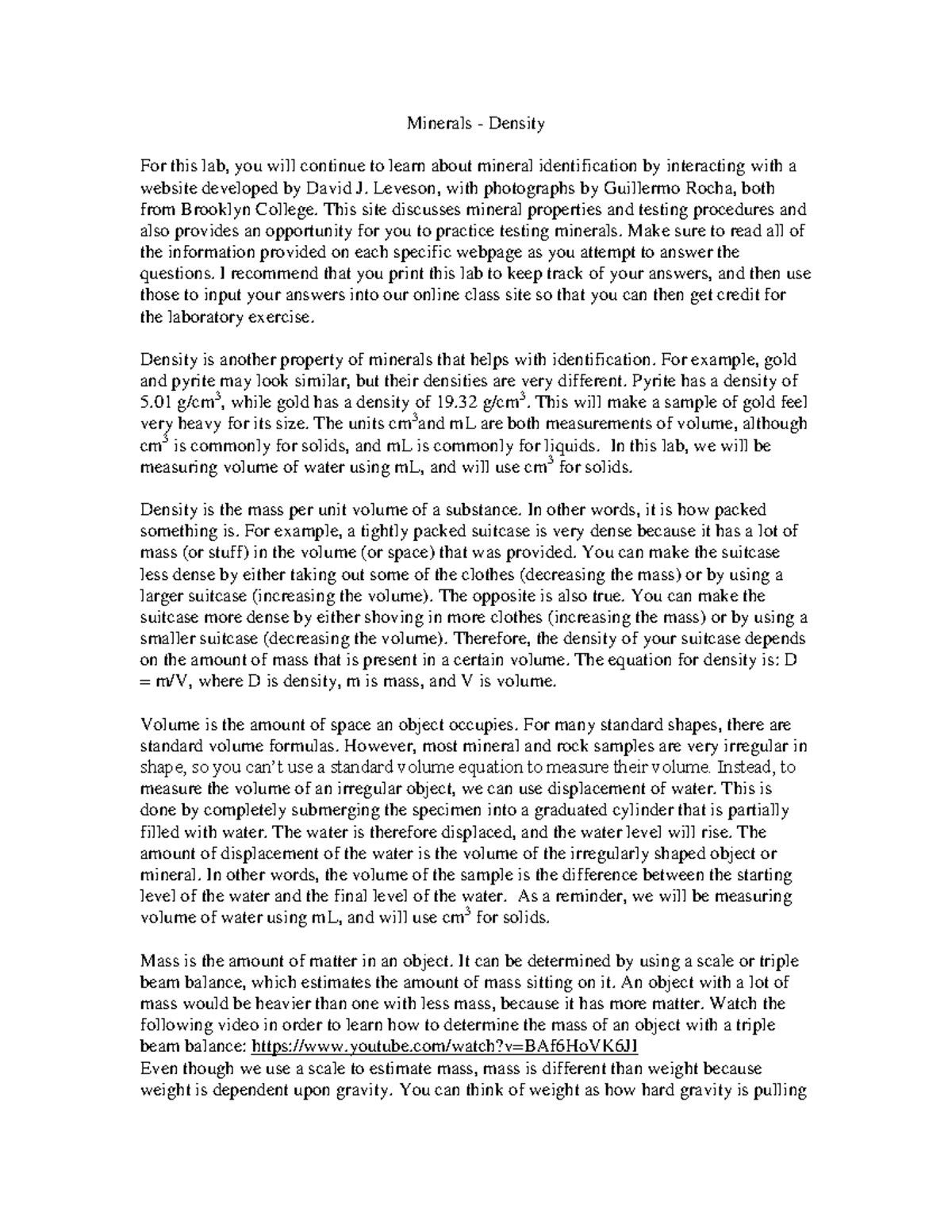 Minerals Density Lab Notes: Identification Techniques and Procedures ...
