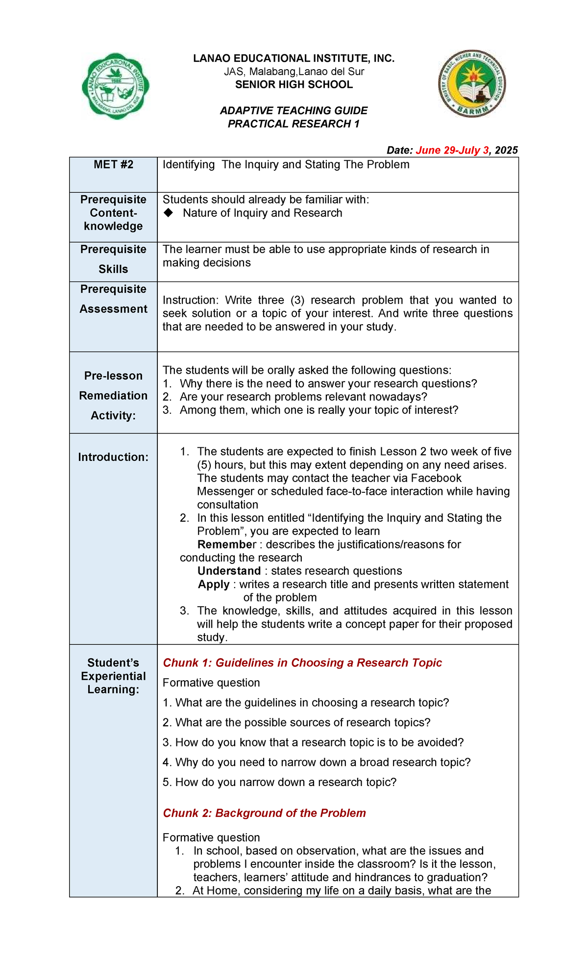 PR1 ATG W3: Inquiry & Problem Statement in Practical Research 1 - Studocu